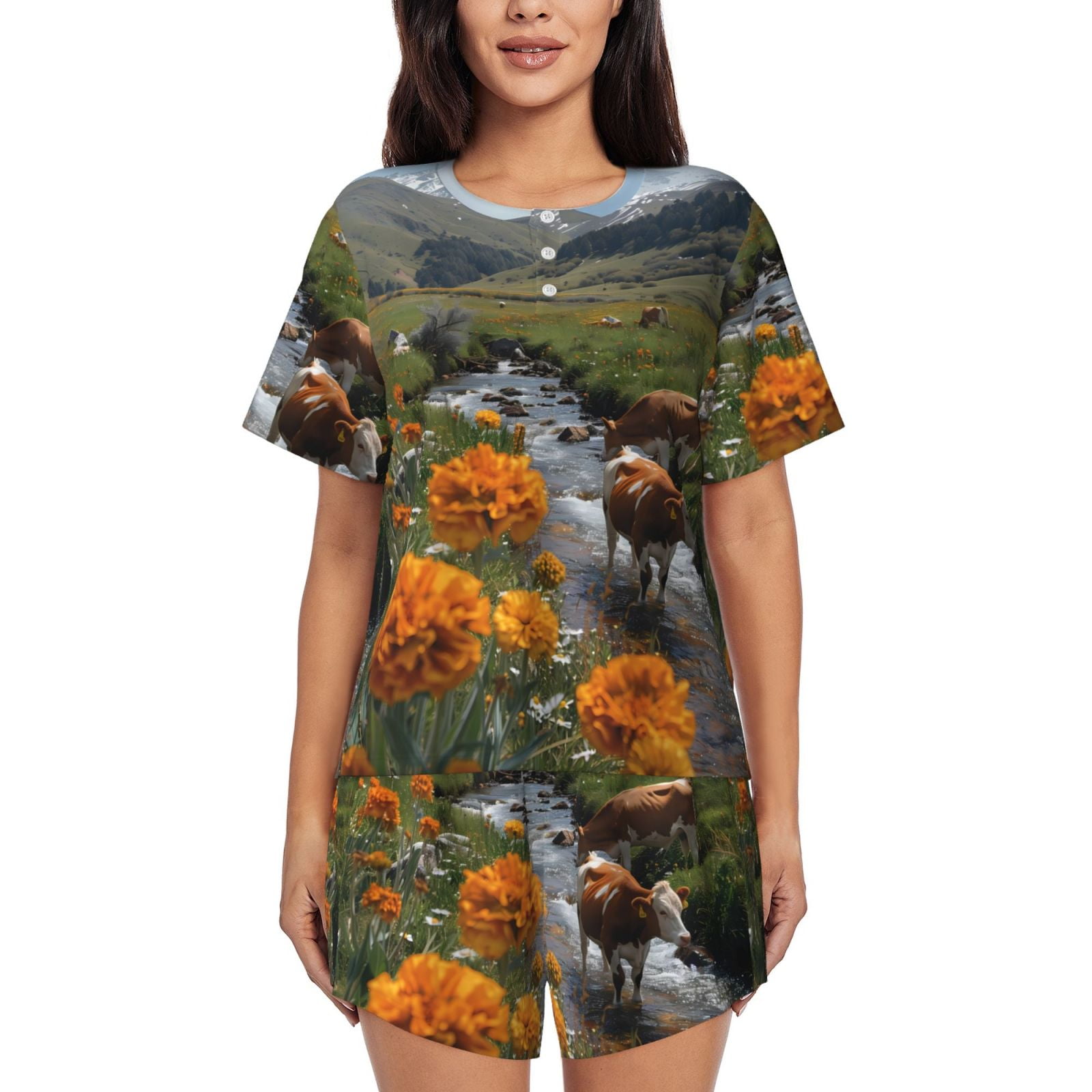 Haiem Mountain Cows Flower Stream Pattern Pajama Set for Women 2 Piece Lounge Set Short Sleeve ...