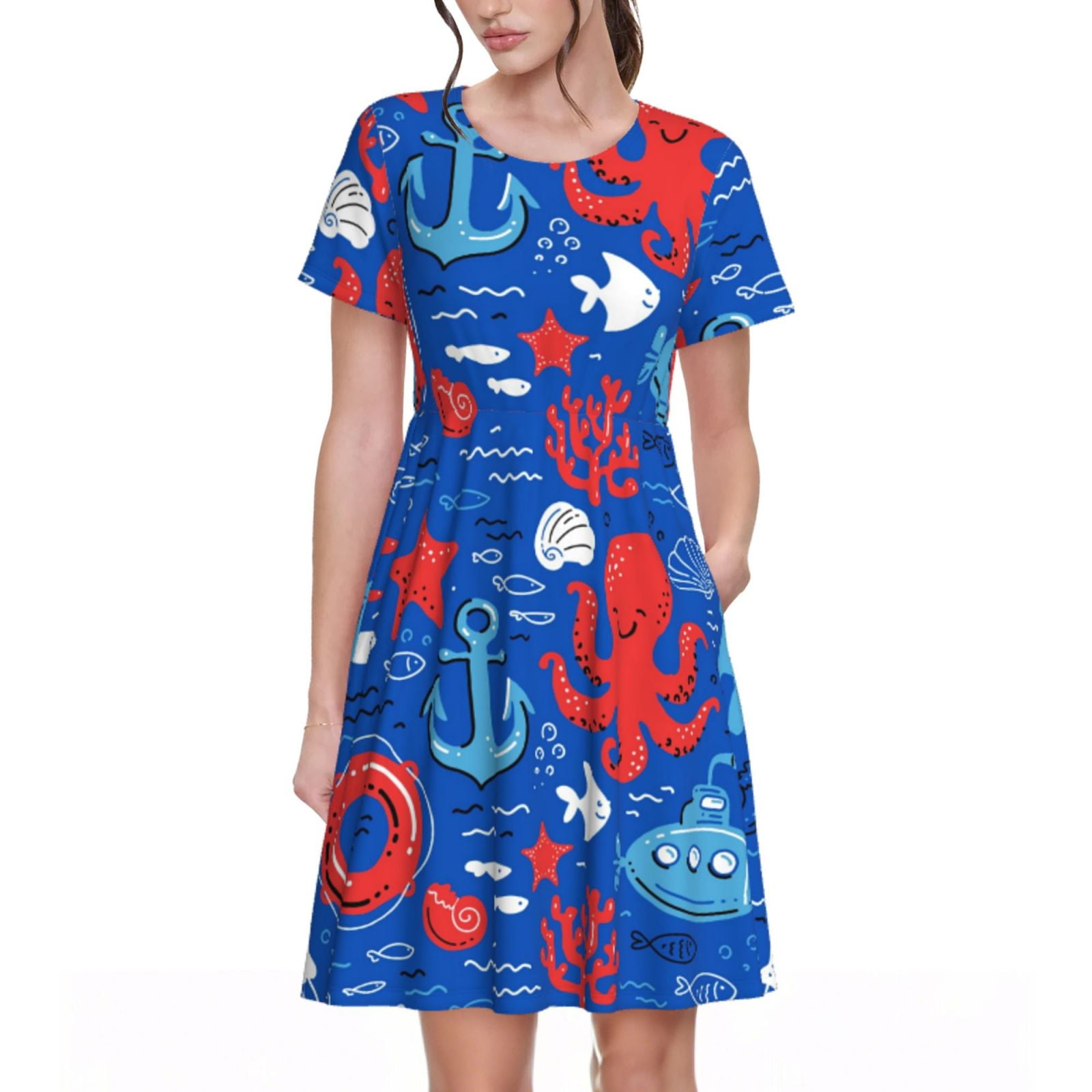 Haiem Nautical Animals Pattern Women's Short-Sleeve Scoop Neck Swing ...