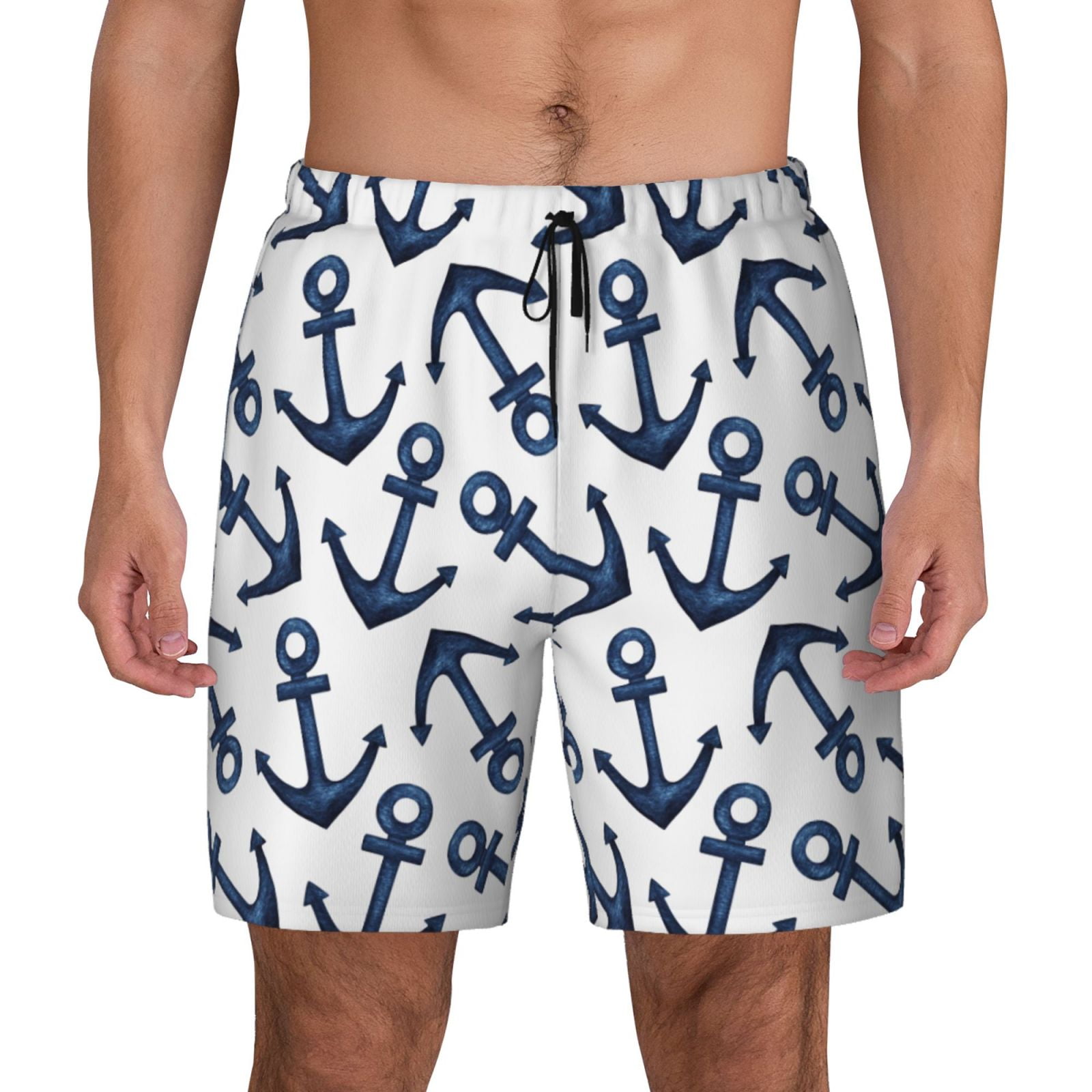 Haiem Navy Blue Anchor Mens Swim Trunks With Compression Liner 2 In 1