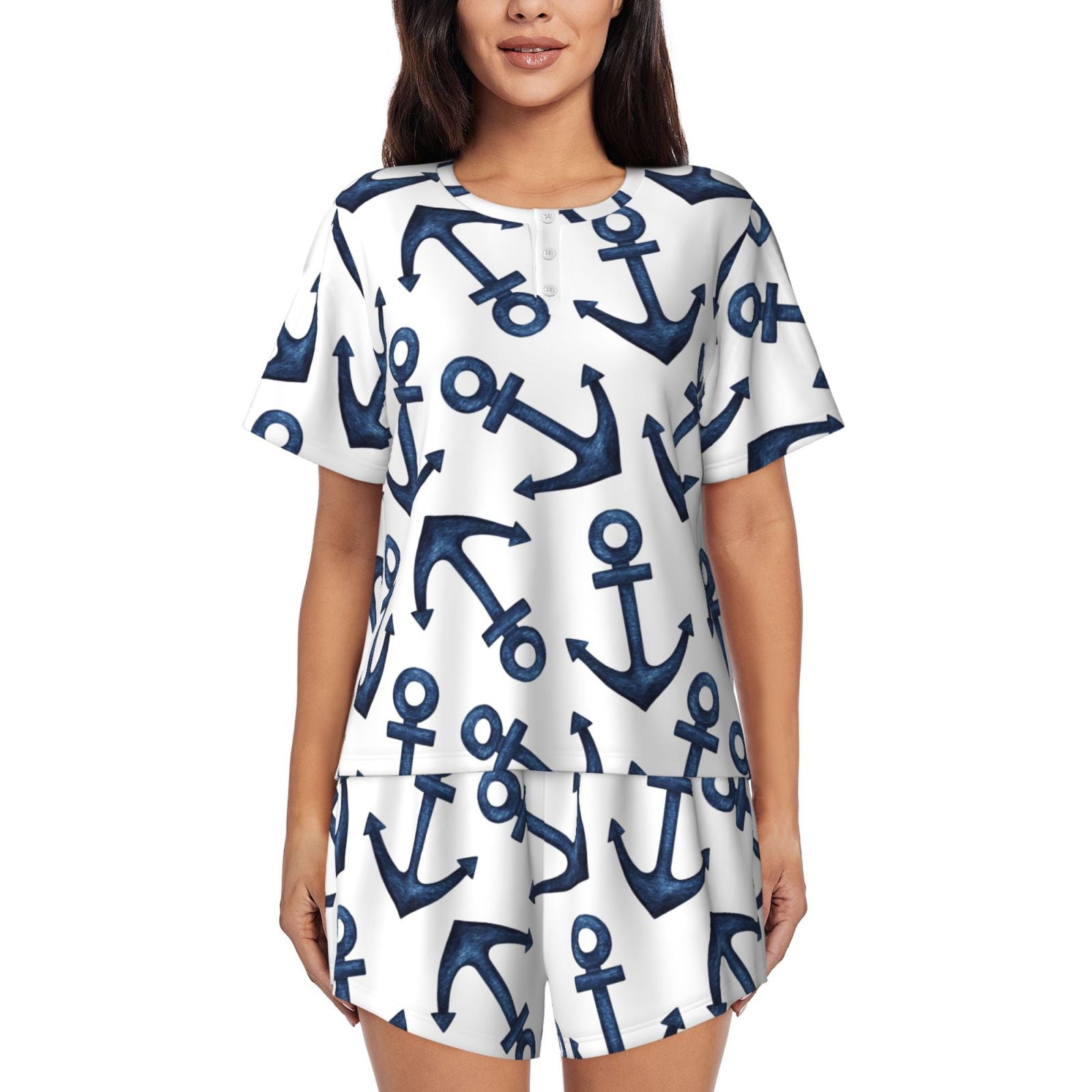 Haiem Navy Blue Anchor Pattern Pajama Set for Women 2 Piece Lounge Set Short Sleeve Tops and ...