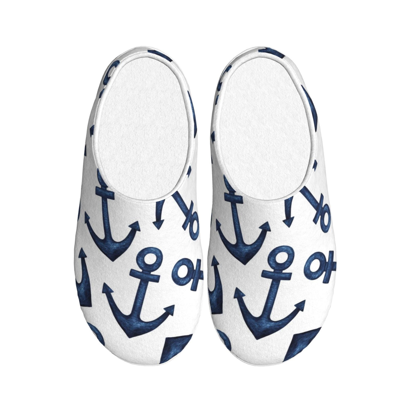Haiem Navy Blue Anchors Print Women's Fuzzy Memory Foam House Slipper ...
