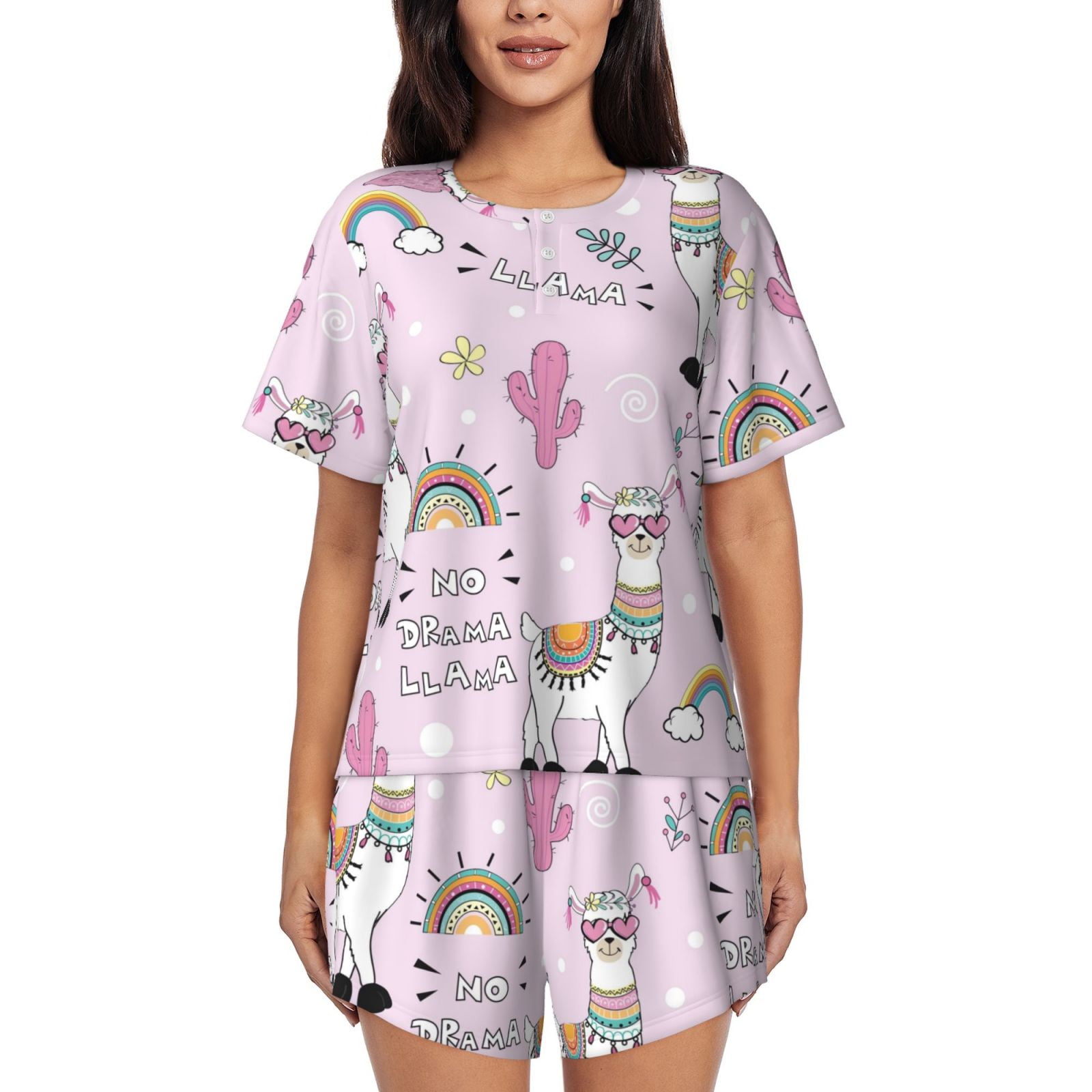 Haiem No Drama Llama Pattern Pajama Set for Women 2 Piece Lounge Set ...