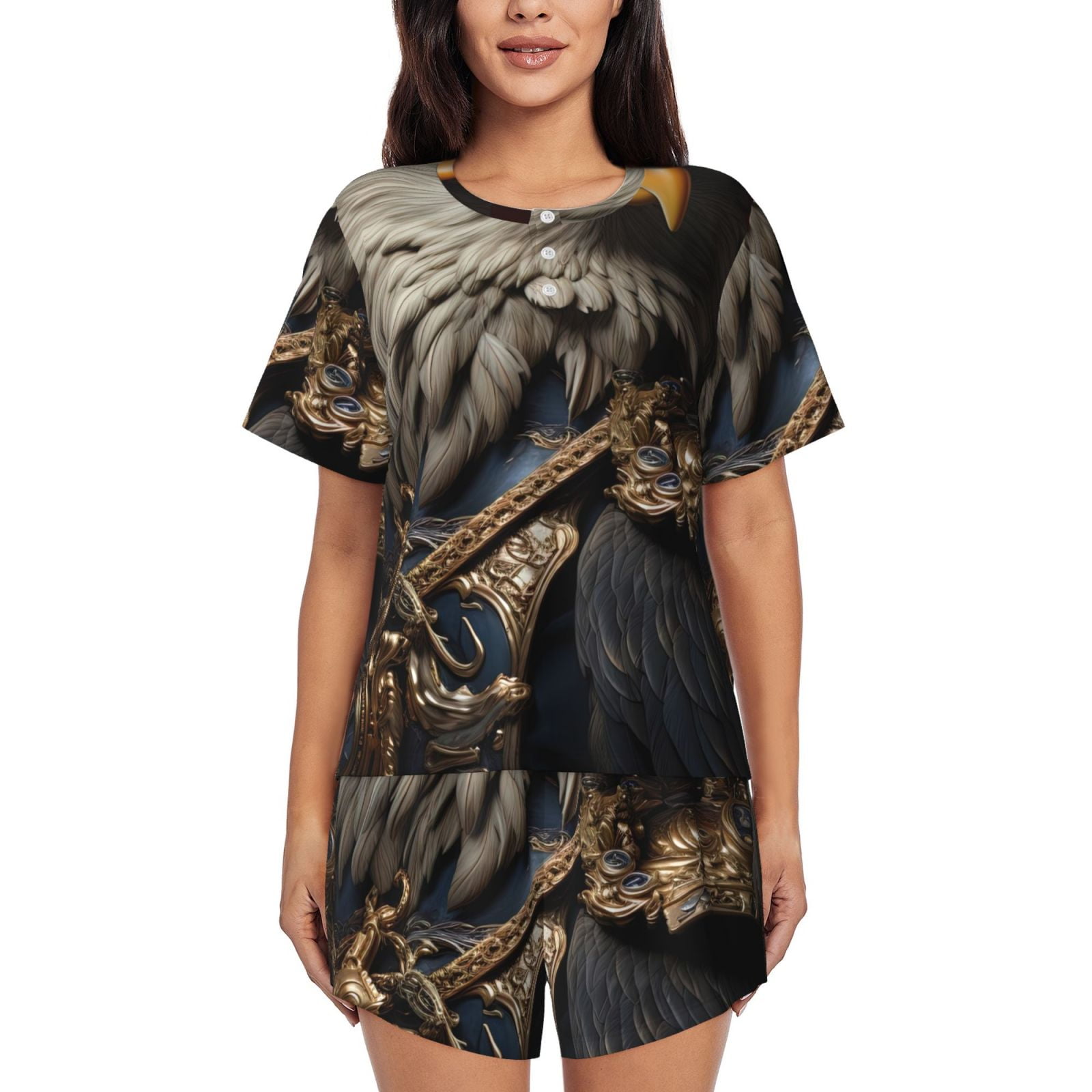 Haiem Noble Style Bald Eagle Pattern Pajama Set for Women 2 Piece Lounge Set Short Sleeve Tops ...