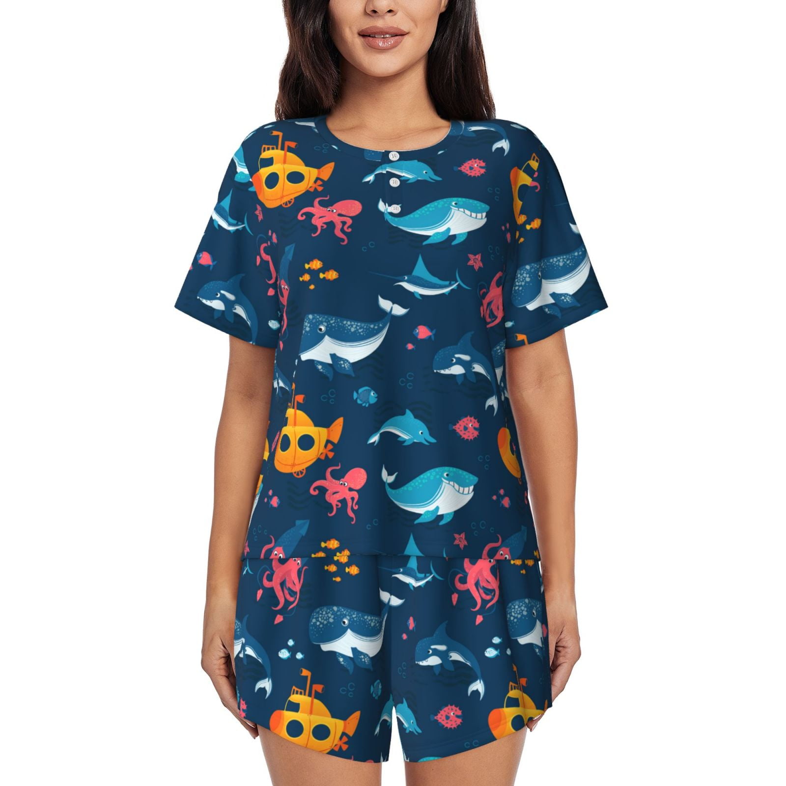 Haiem Ocean Floor Animals Pattern Pajama Set for Women 2 Piece Lounge ...