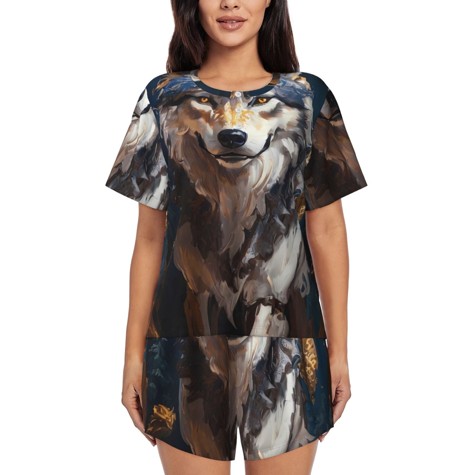 Haiem Oil Painting Tribal Wolf Pattern Pajama Set for Women 2 Piece ...