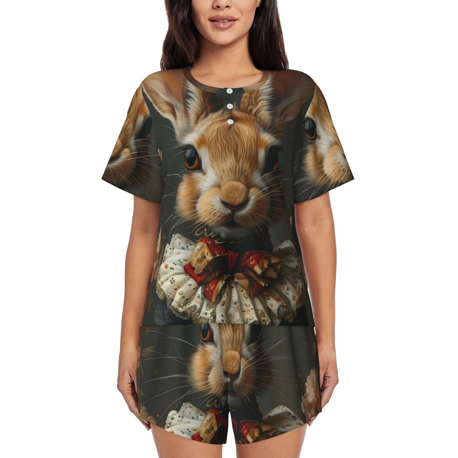Haiem Palatial Style Flower Rabbit Pattern Pajama Set for Women 2 Piece ...
