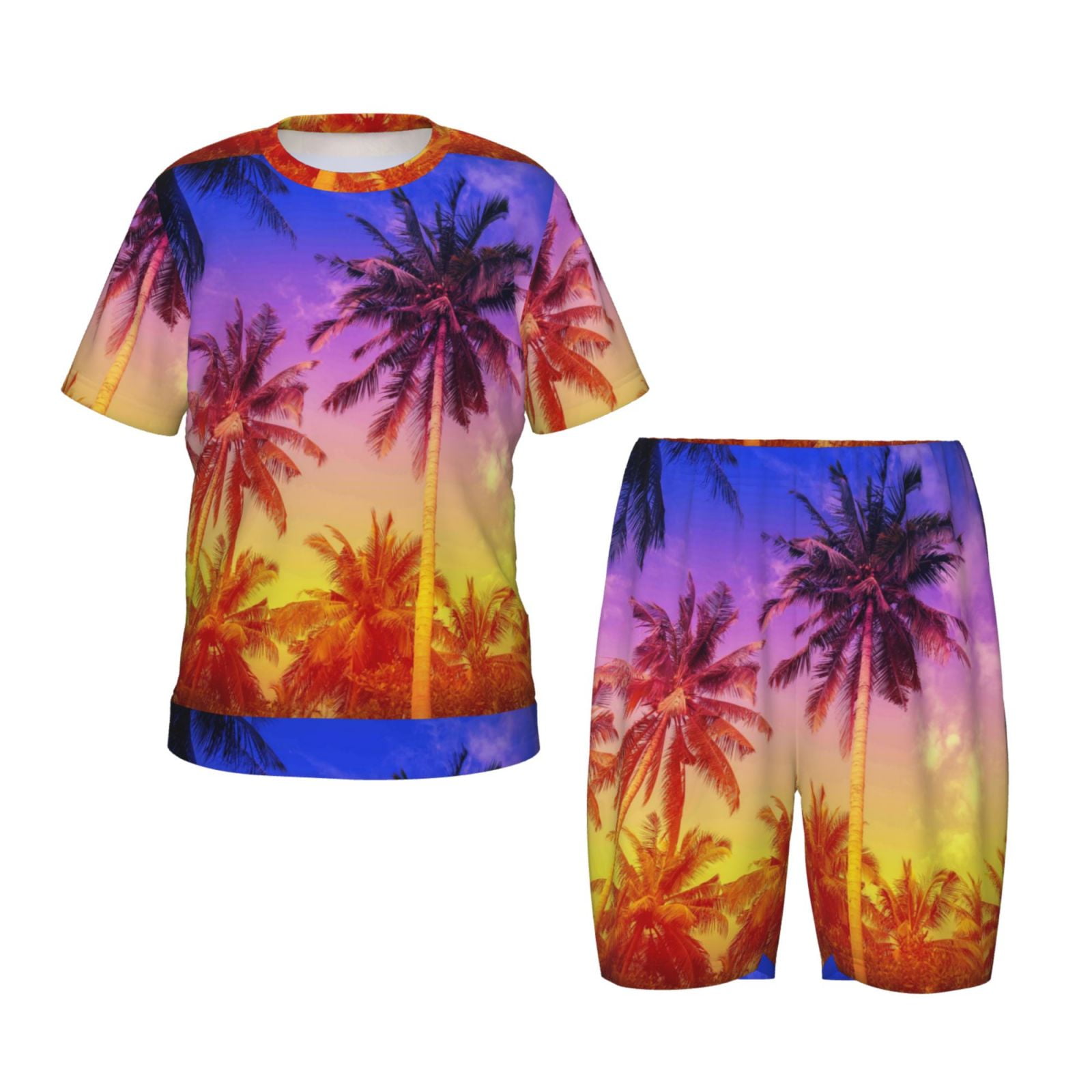Haiem Palm Trees at Sunset Pattern Kids’ Breathable Pajama Set – Short-Sleeved Cotton PJs ...