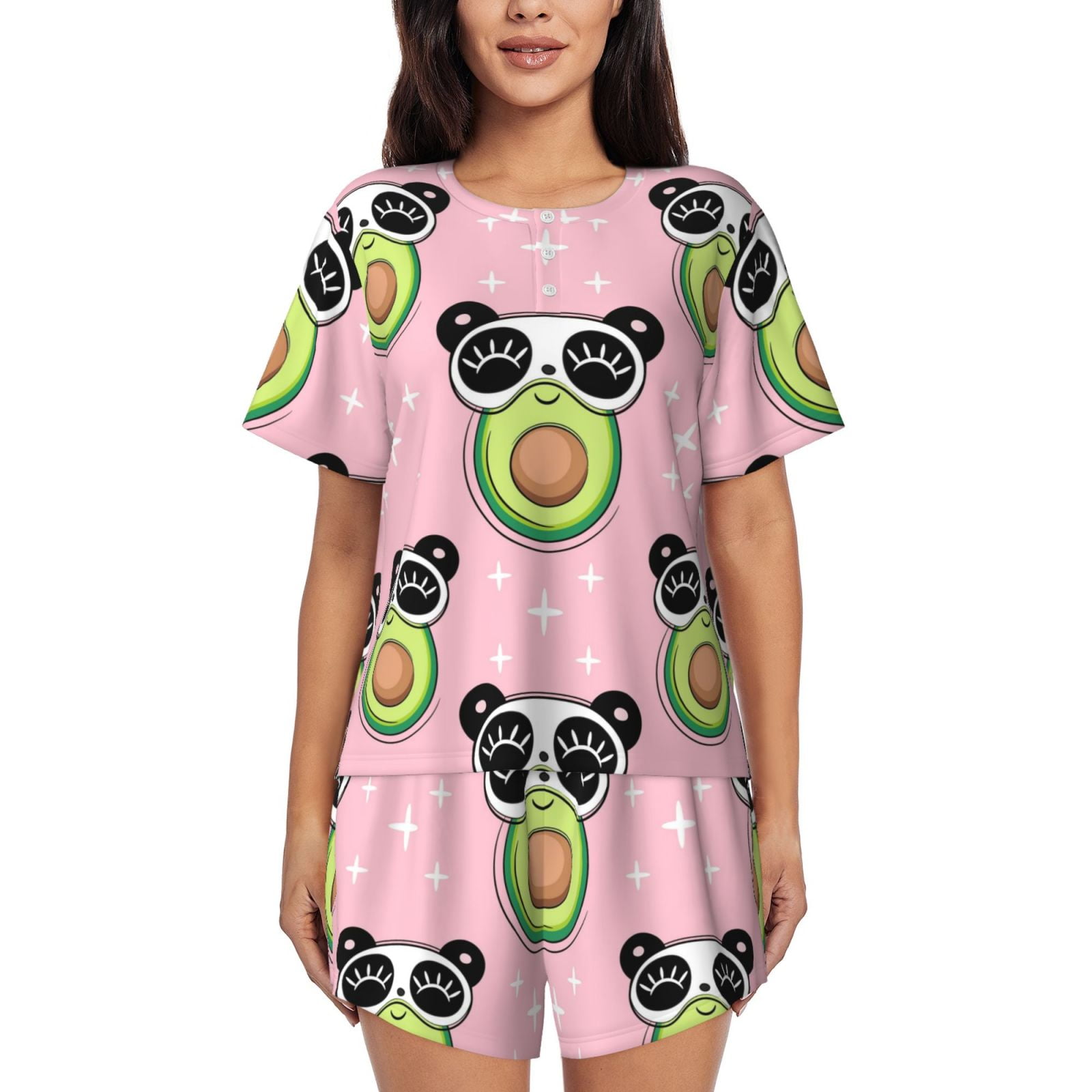 Haiem Panda Avocado Pattern Pajama Set for Women 2 Piece Lounge Set Short Sleeve Tops and Shorts ...