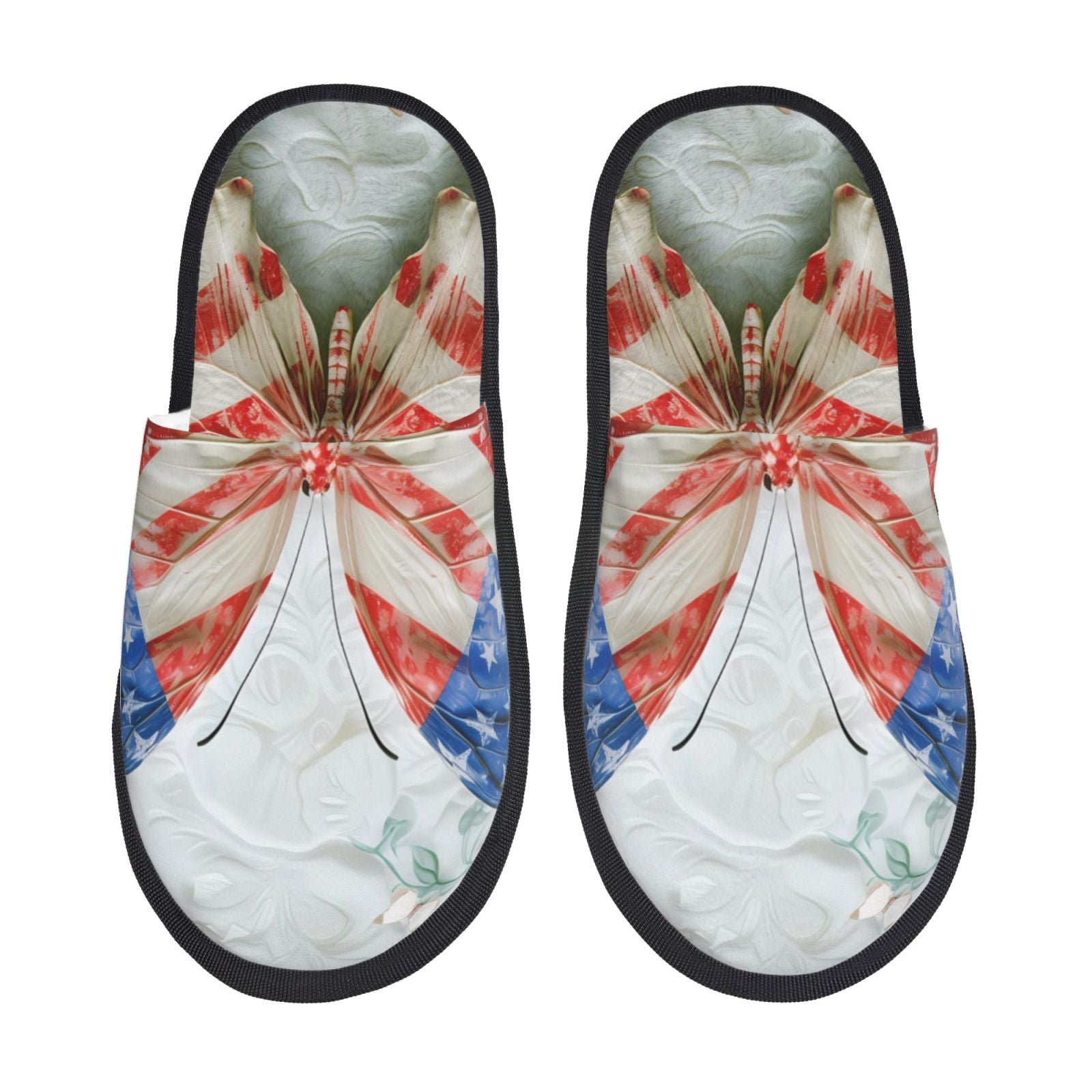 Haiem Patriotic Butterfly Floral Print Fuzzy Slippers for Women Plush ...