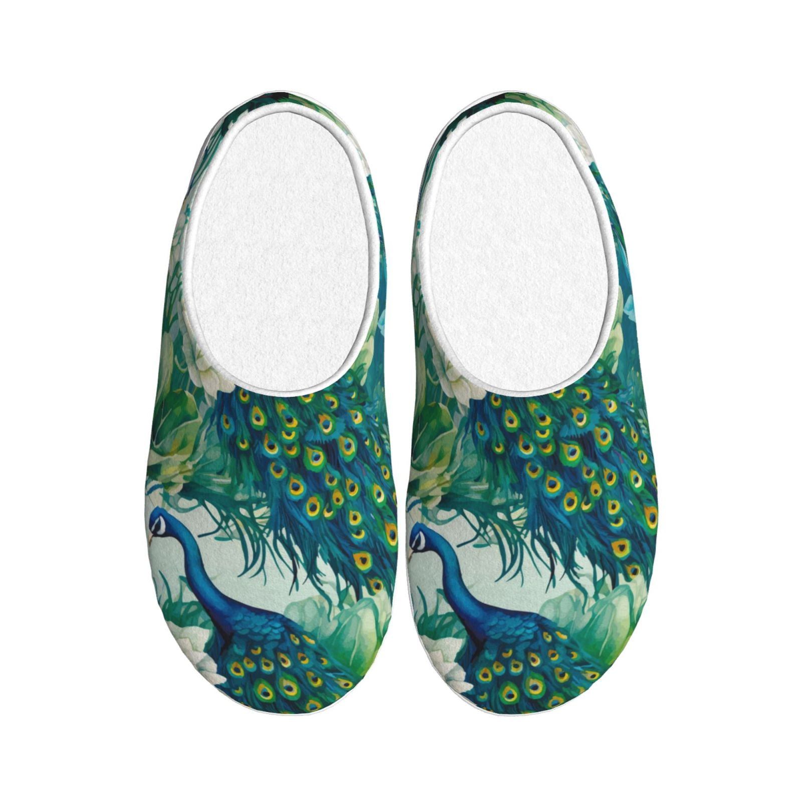 Haiem Peacock And Flowers Print Women's Fuzzy Memory Foam House Slipper ...