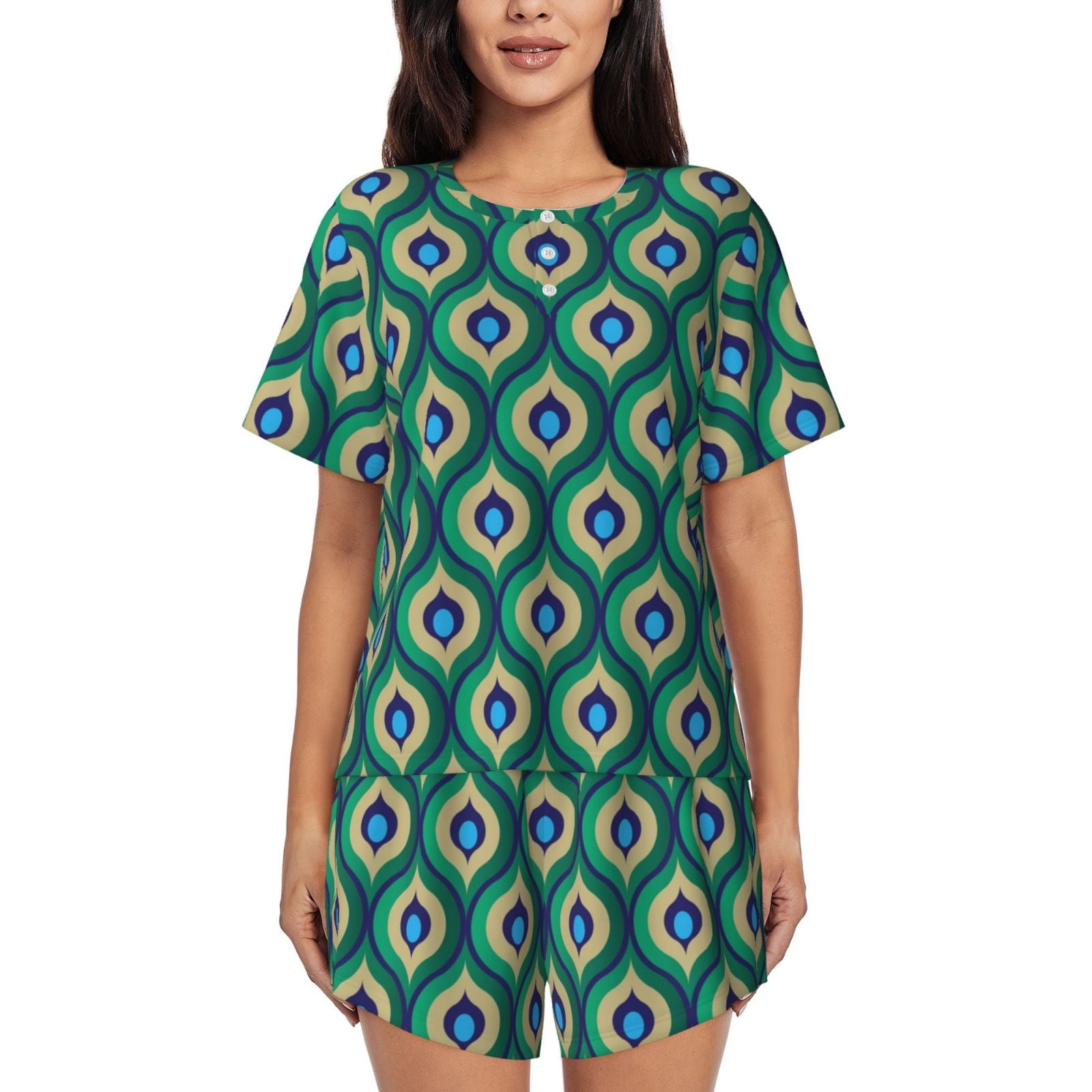 Haiem Peacock'S Tail Pattern Pajama Set for Women 2 Piece Lounge Set Short Sleeve Tops and ...