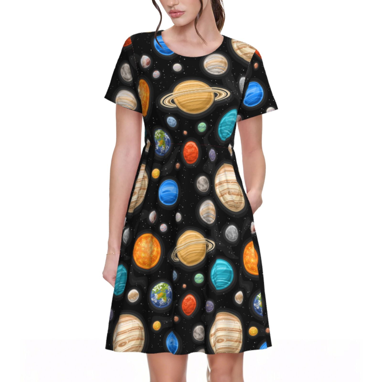 Haiem Planets In Deep Space Pattern Women's Short-Sleeve Scoop Neck ...