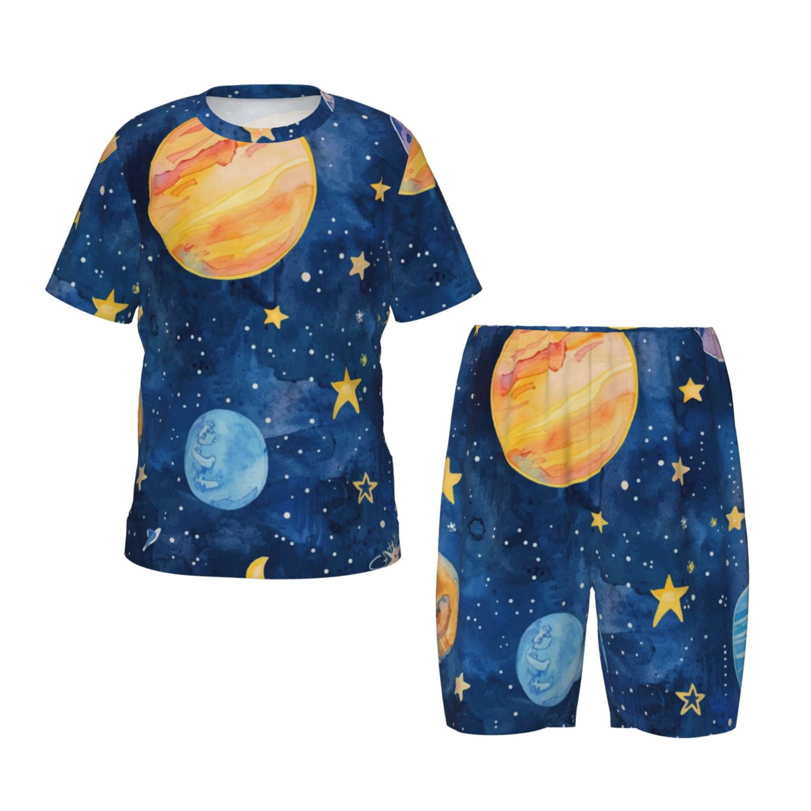 Haiem Planets And Stars1 Pattern Kids’ Breathable Pajama Set – Short-Sleeved Cotton PJs ...