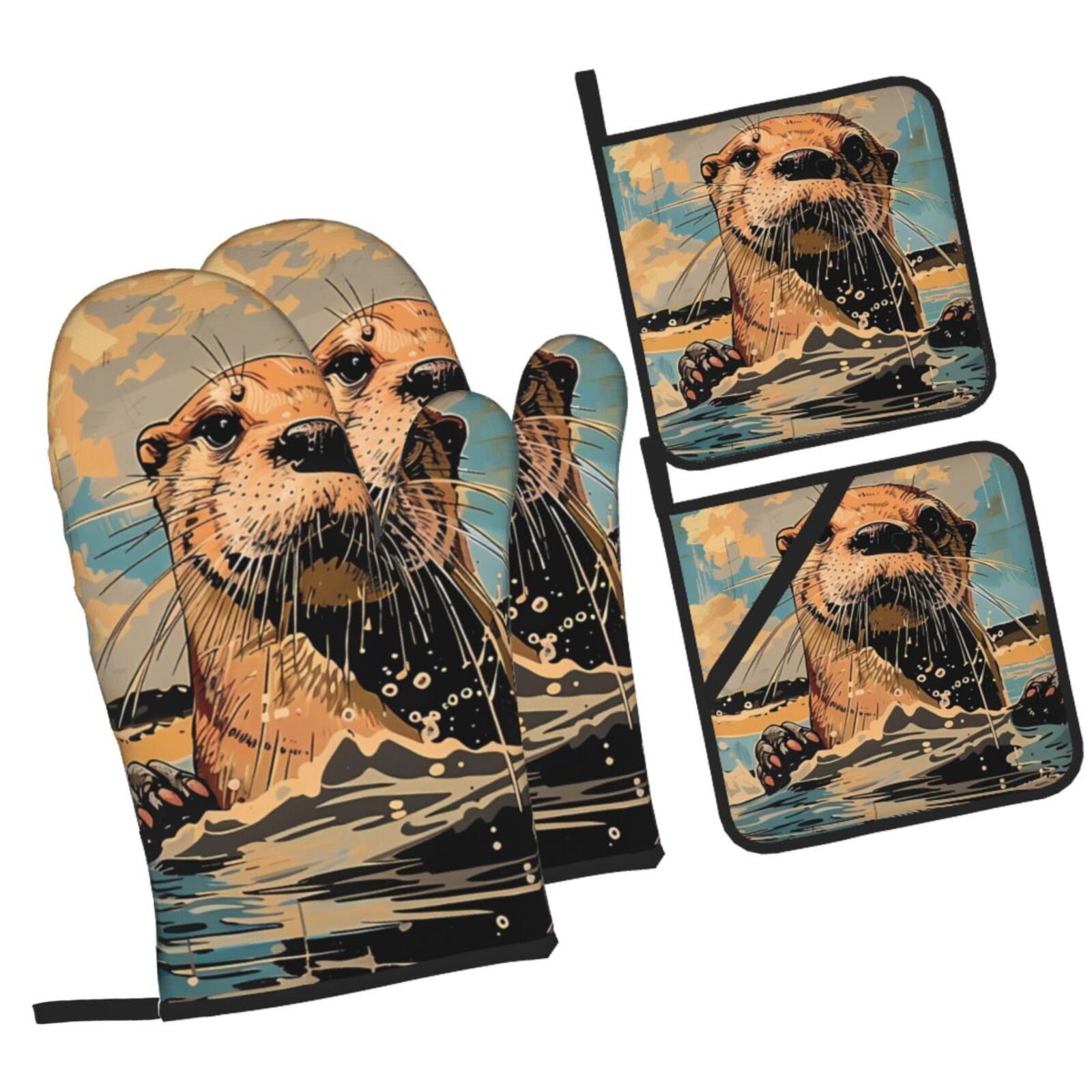 Haiem Playful Otter Tropical Beach Print Extra Long Oven Mitts and Pot ...