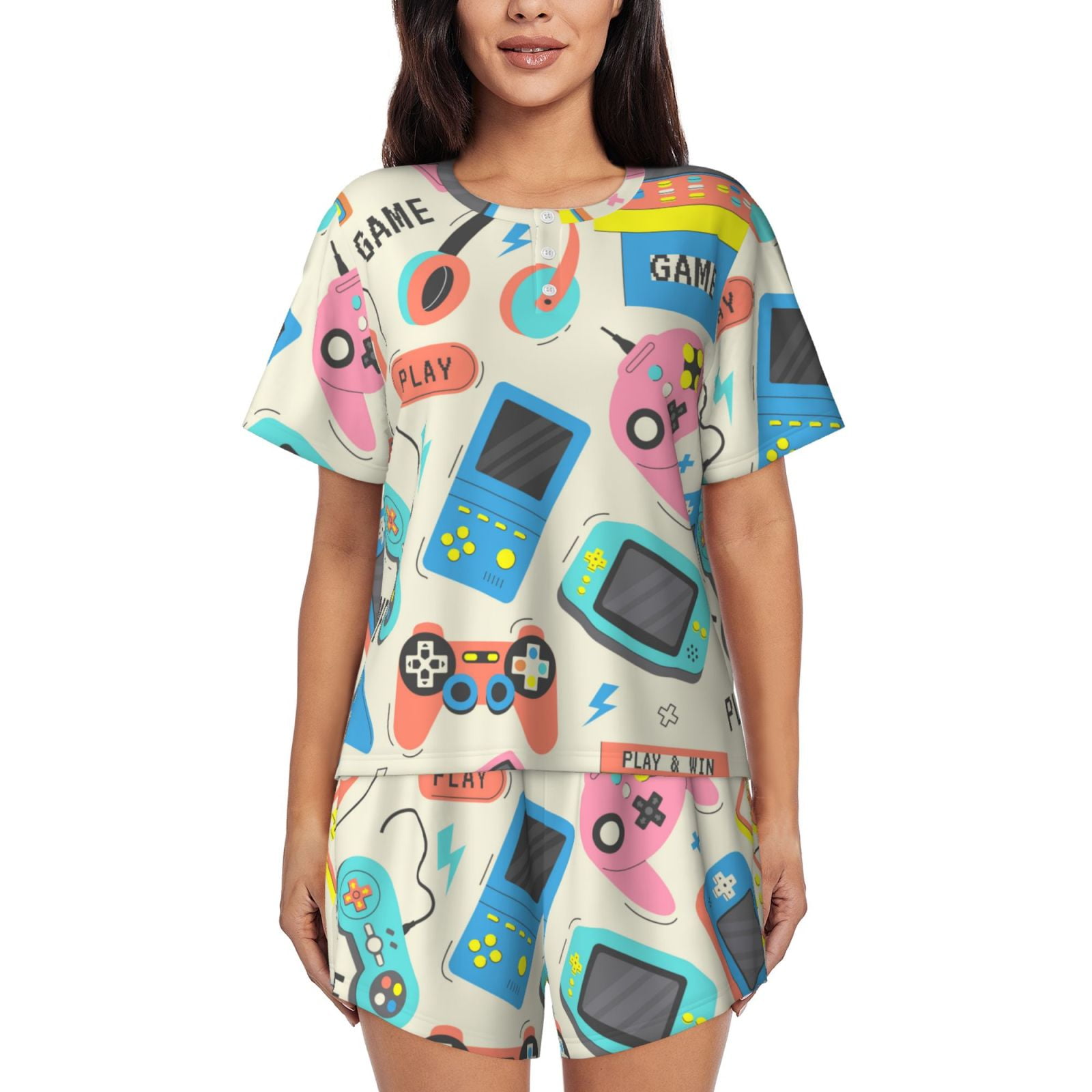 Haiem Playing Video Games Pattern Pajama Set for Women 2 Piece Lounge ...