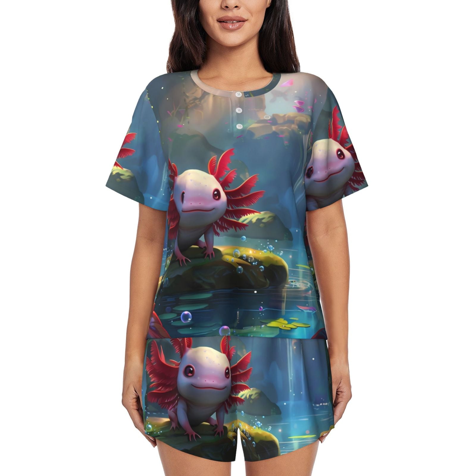 Haiem Pond Cute Axolotl Pattern Pajama Set for Women 2 Piece Lounge Set ...