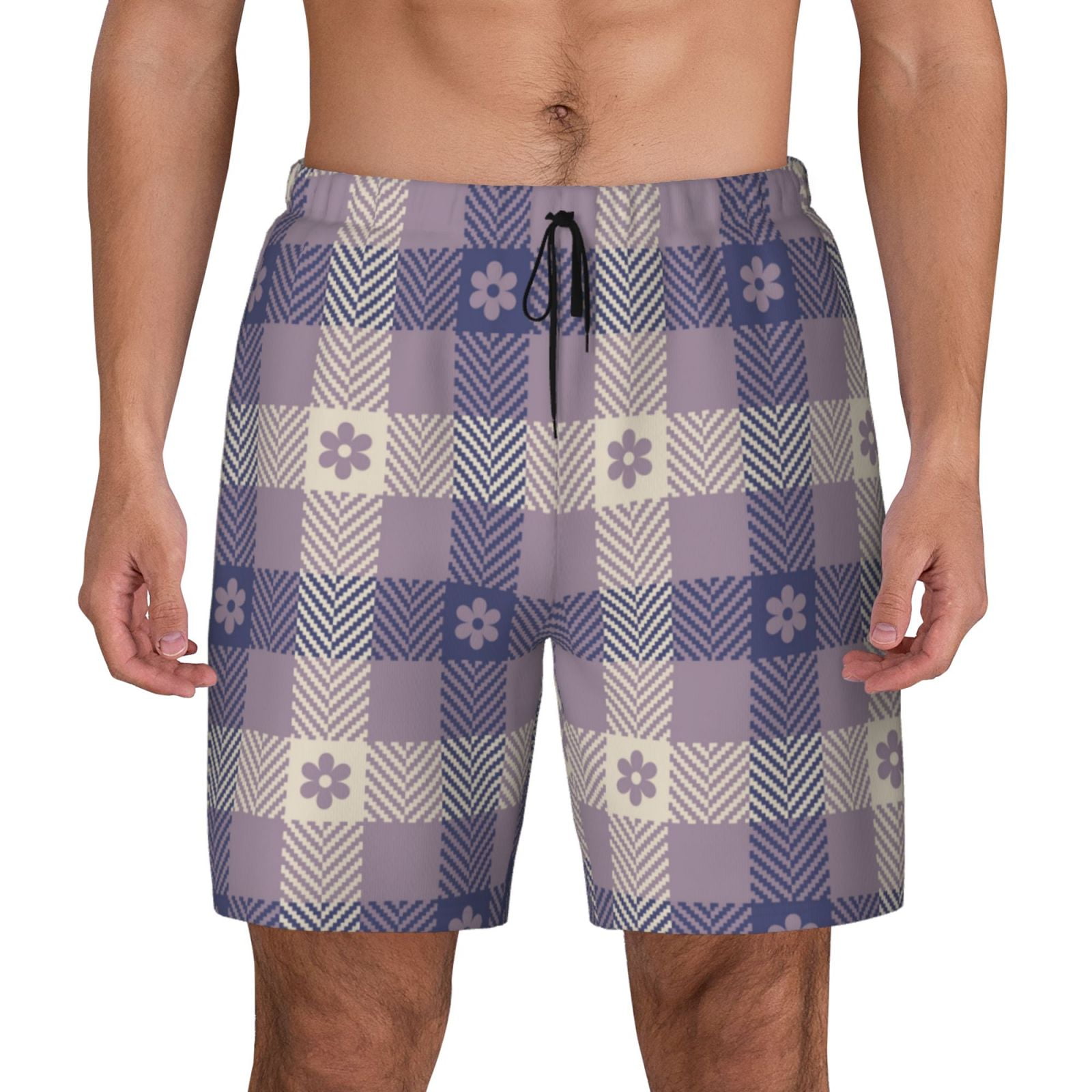 Haiem Purple Floral Gingham Check Plaid Mens Swim Trunks with ...