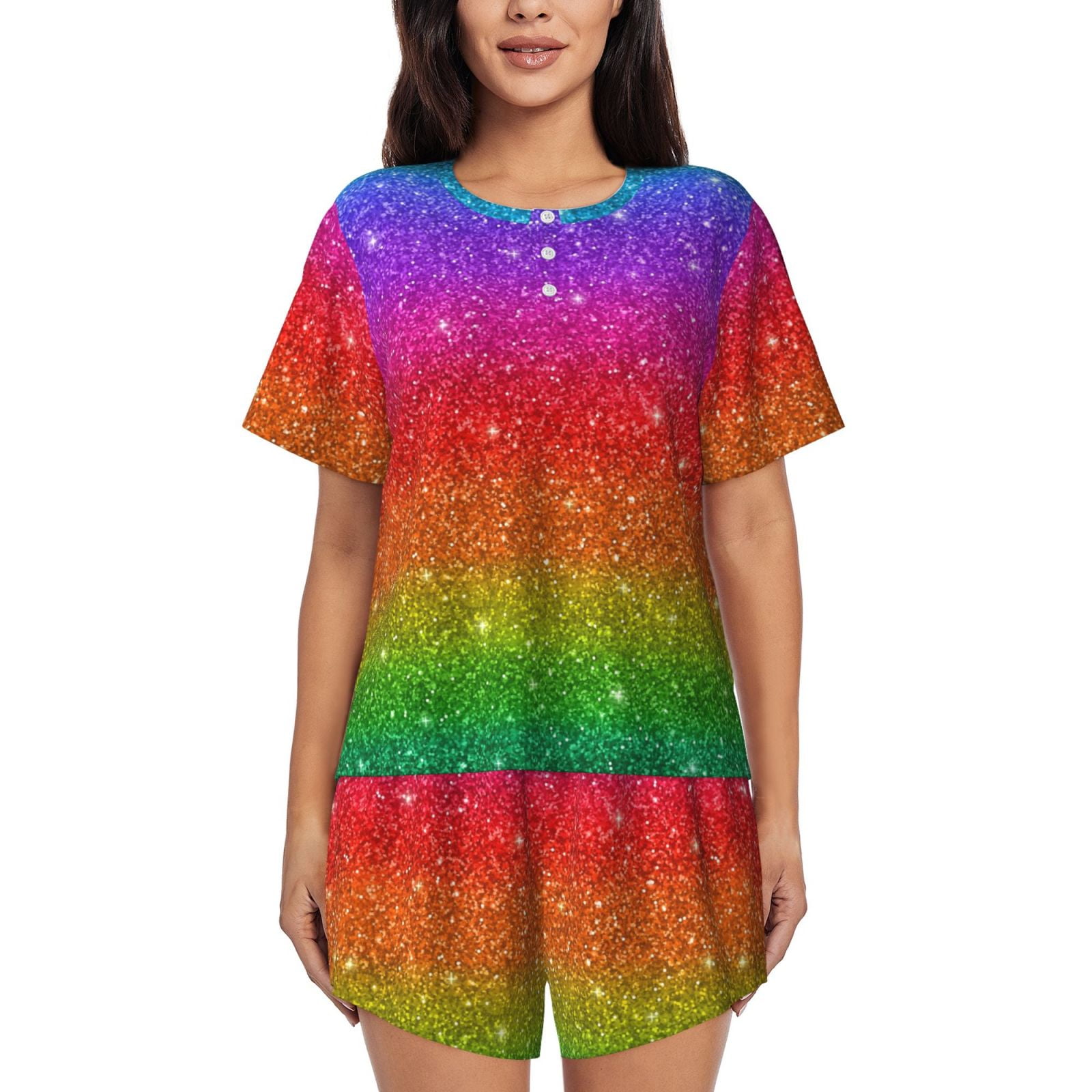 Haiem Rainbow Glitter Pattern Pajama Set for Women 2 Piece Lounge Set ...