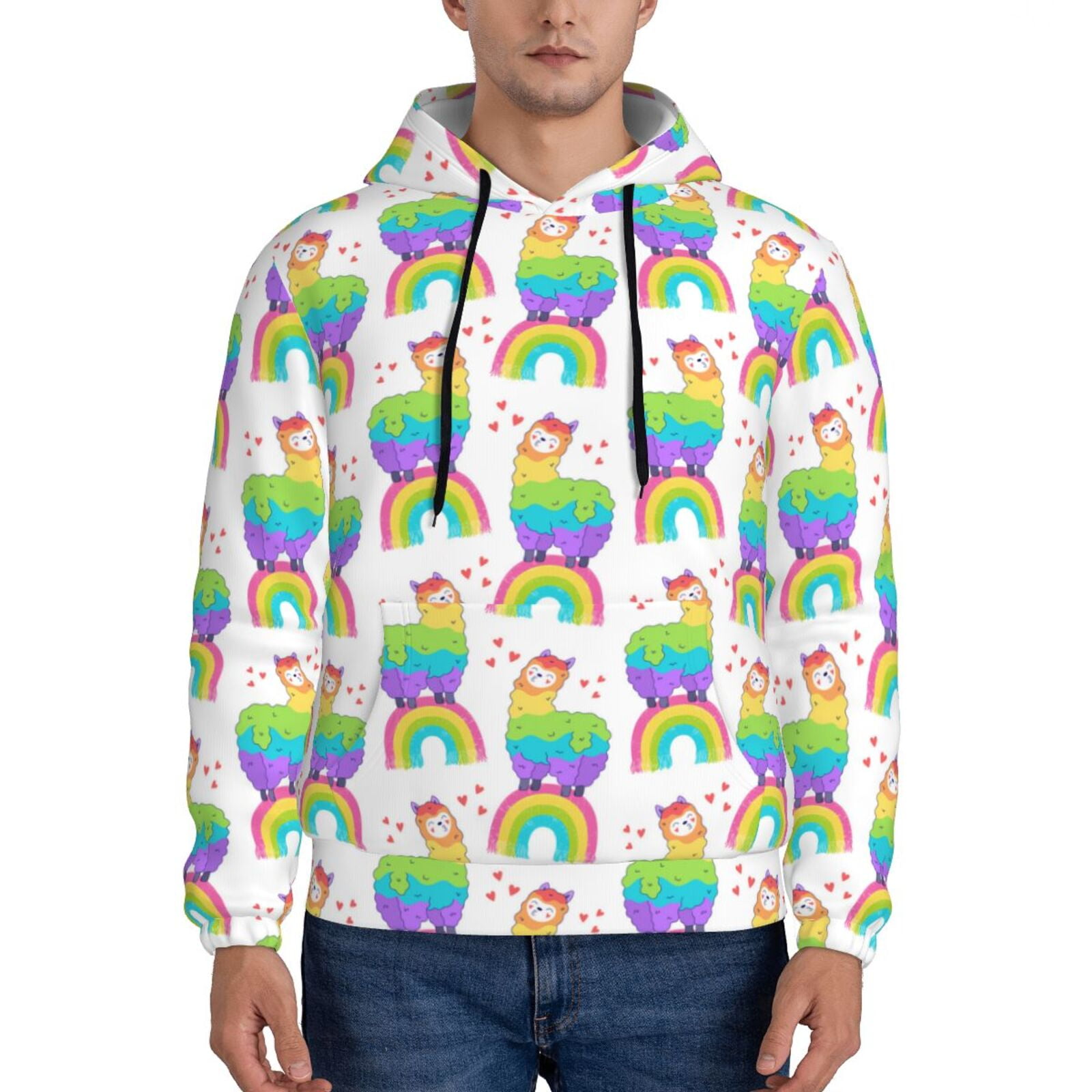 Haiem Rainbow Llama Patterned Men's Hoodie with Kangaroo Pocket - Ideal ...