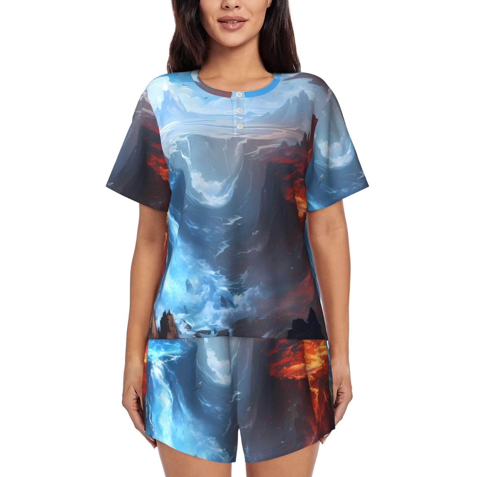Haiem Red And Blue Fire Mountains Pattern Pajama Set for Women 2 Piece ...