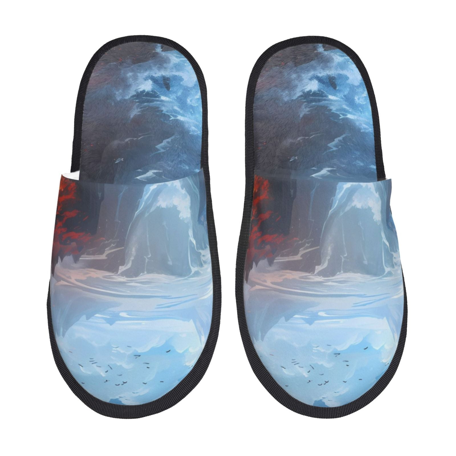 Haiem Red And Blue Fire Mountains Print Fuzzy Slippers for Women Plush Slippers Winter Fluffy ...
