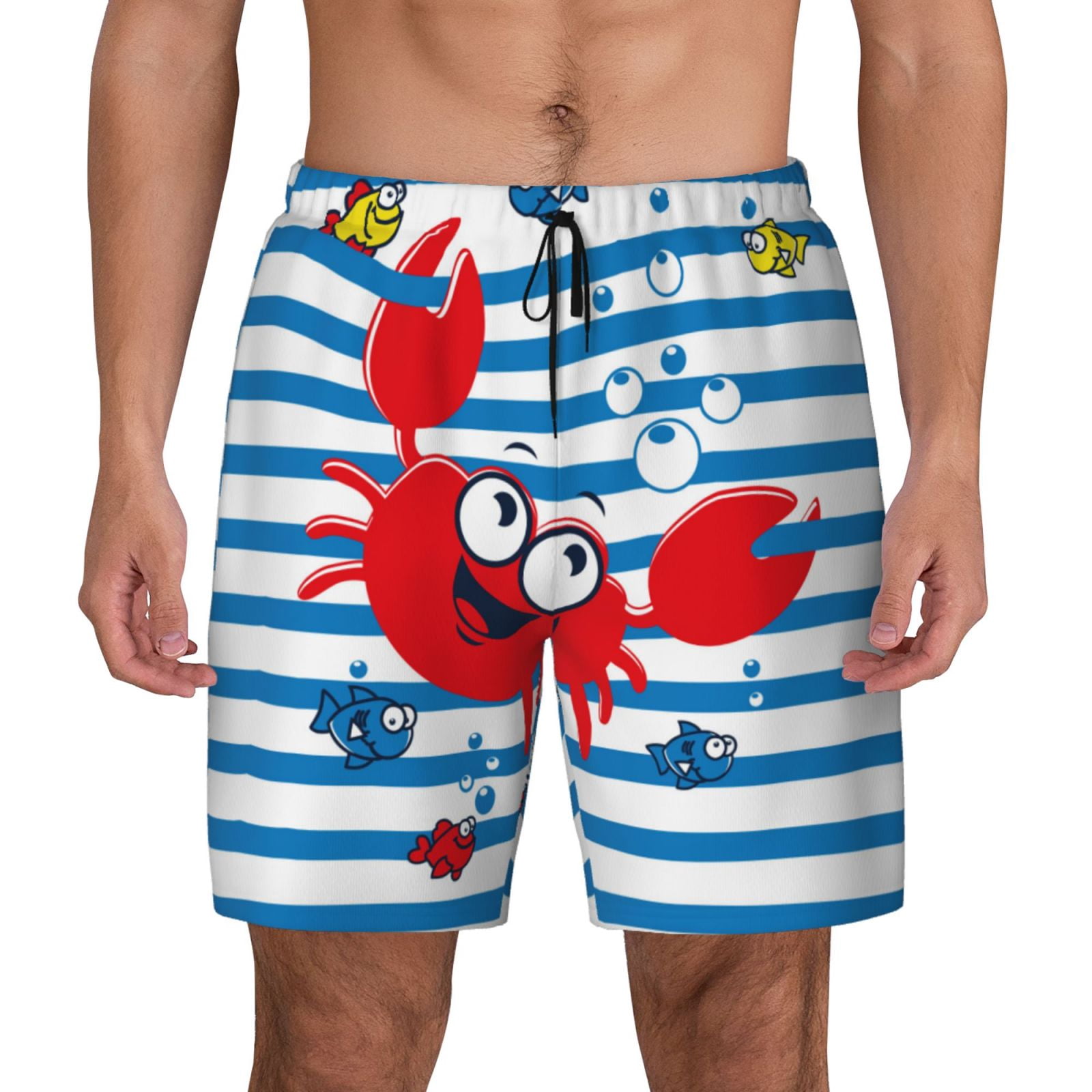 Haiem Red Funny Crab on Blue Stripe Mens Swim Trunks with Compression ...