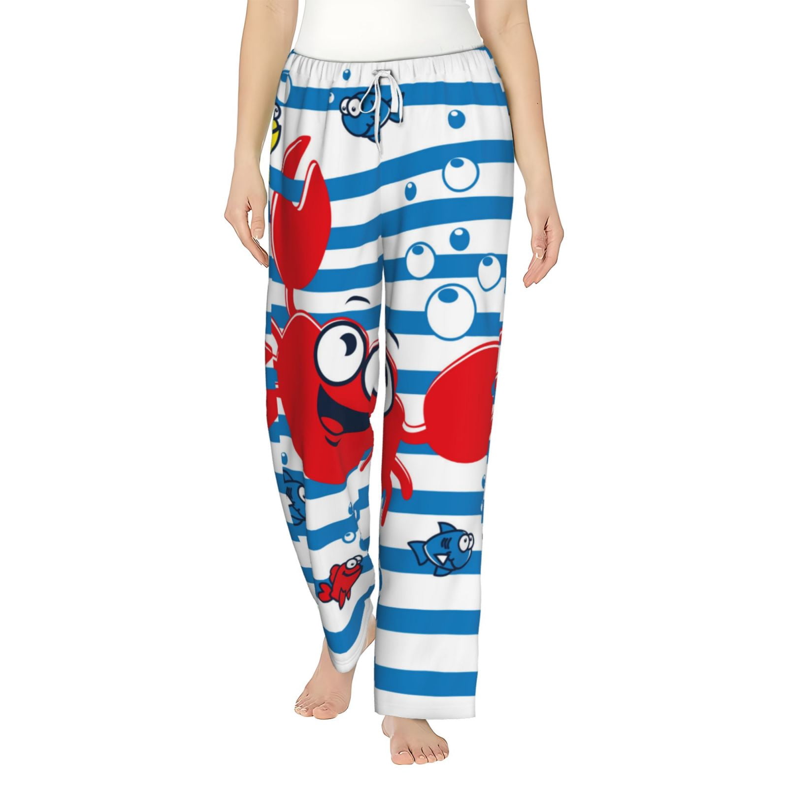 Haiem Red Funny Crab on Blue Stripe Women's Pajama Pants Ultra ...