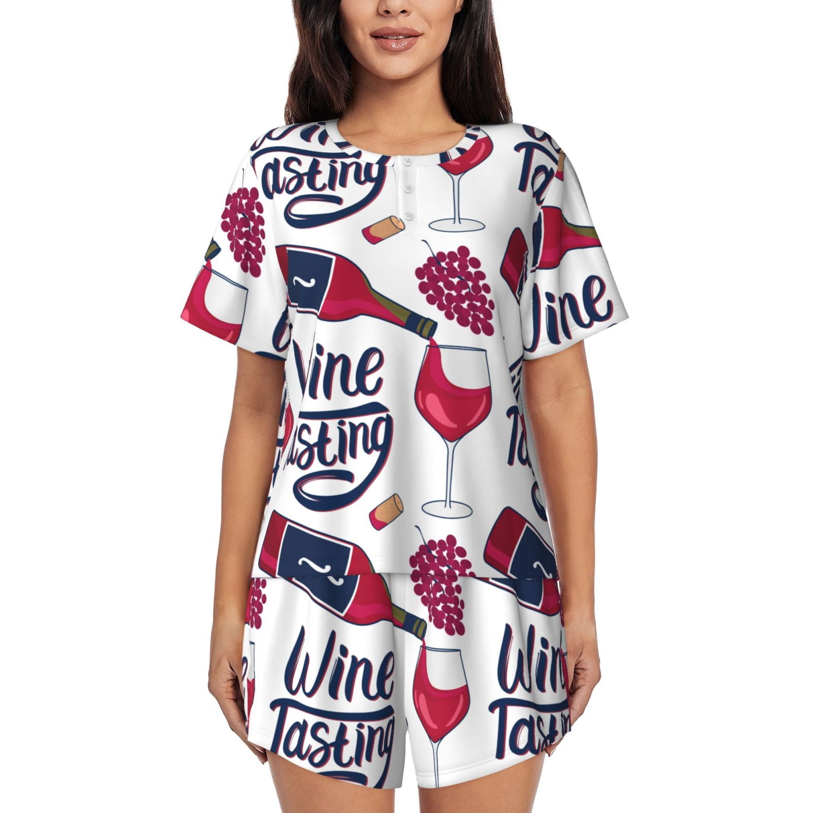 Haiem Red Wine Glass Bottle Pattern Pajama Set for Women 2 Piece Lounge ...