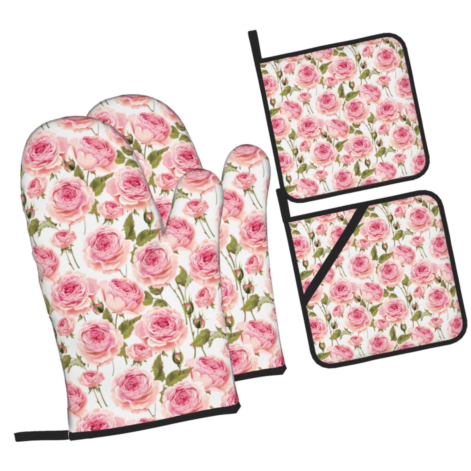Haiem Rose Flowers Print Extra Long Oven Mitts and Pot Holders 4pc Sets ...