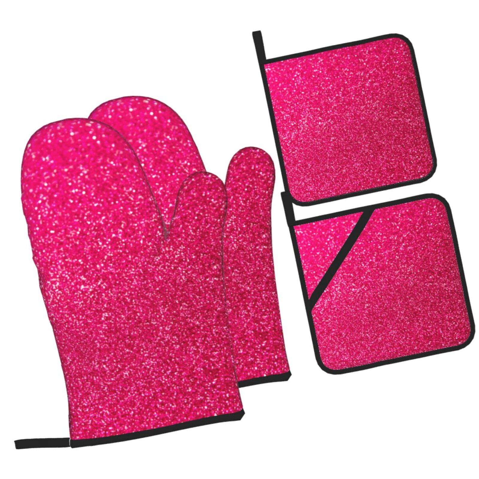 Haiem Rose Red Glitter Print Extra Long Oven Mitts and Pot Holders 4pc ...