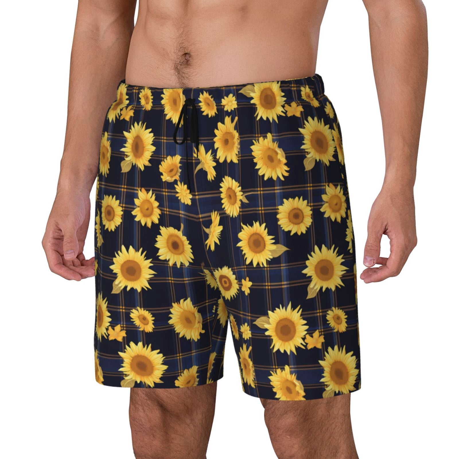 Haiem Royal Blue Plaid Sunflower Mens Swim Trunks with Compression ...