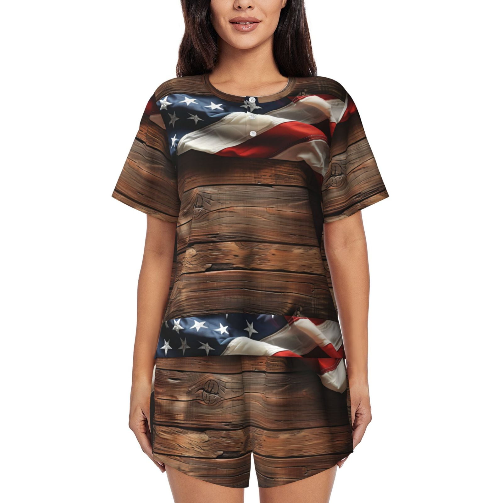 Haiem Rustic American Flag Wood Pattern Pajama Set for Women 2 Piece ...