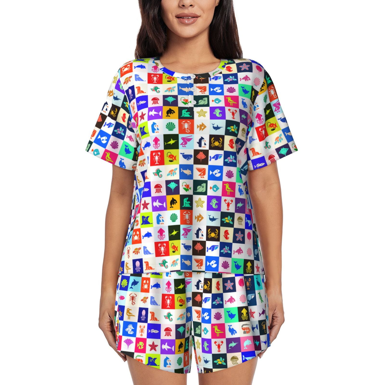 Haiem Sea animals Collage Pattern Pajama Set for Women 2 Piece Lounge ...