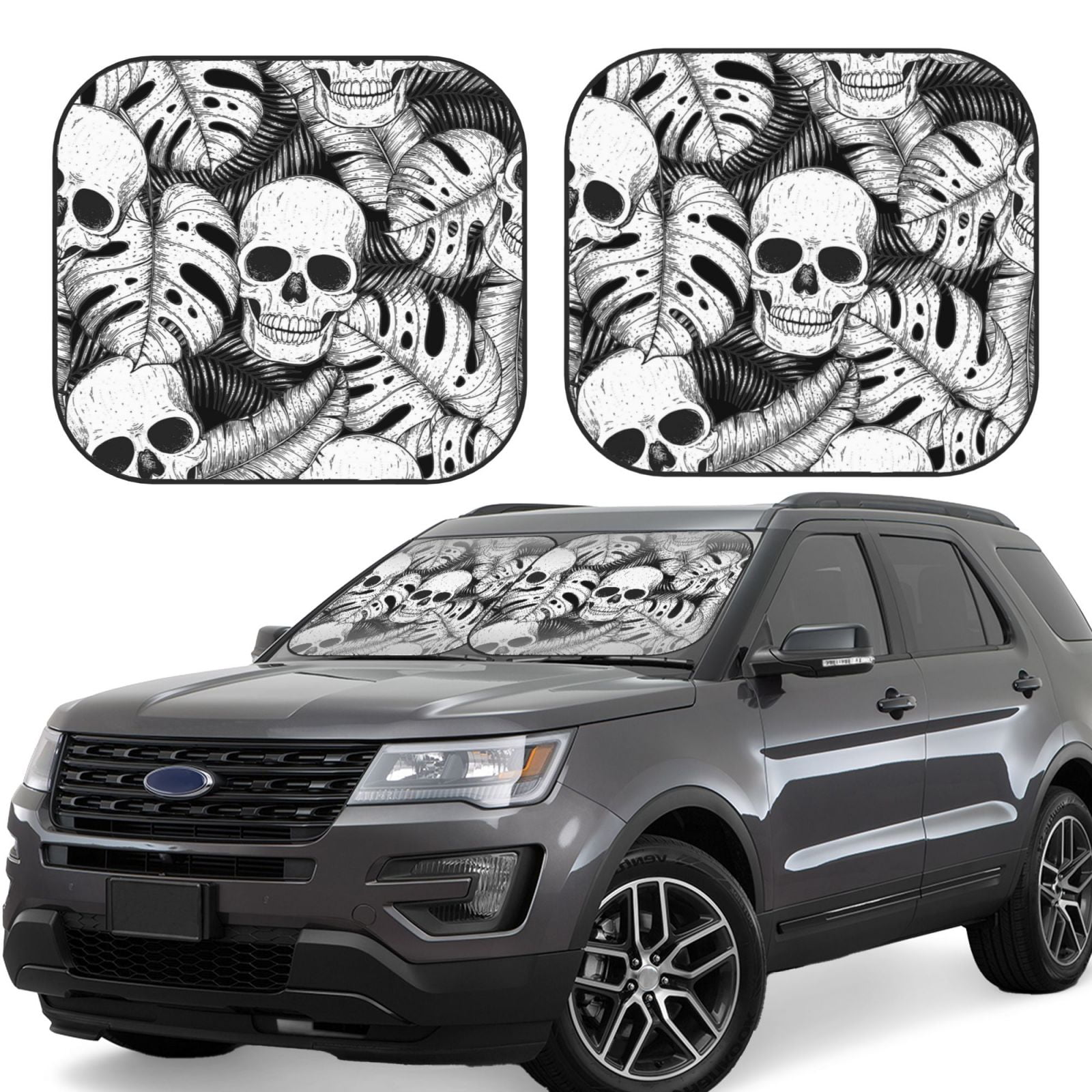 Haiem Skull And Palm Leaves Windshield Sun Shade: Universal Foldable 2 ...
