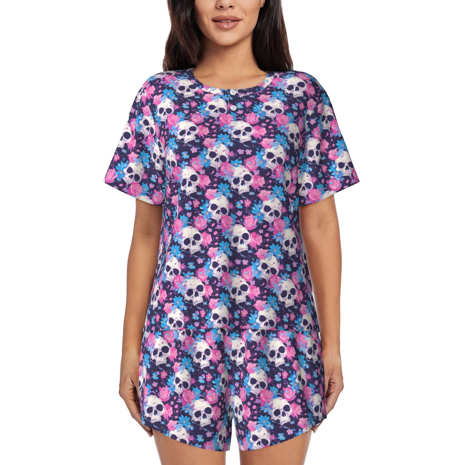 Haiem Skull Flower Blue Pattern Pajama Set for Women 2 Piece Lounge Set ...