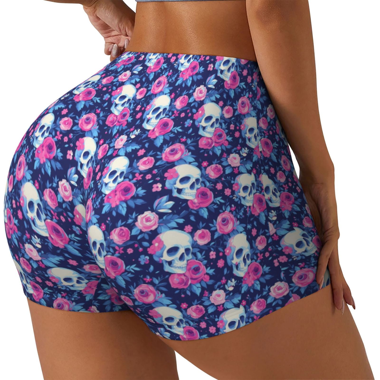 Haiem Skull Flower No Front Seam Biker Shorts for Women Yoga Workout ...