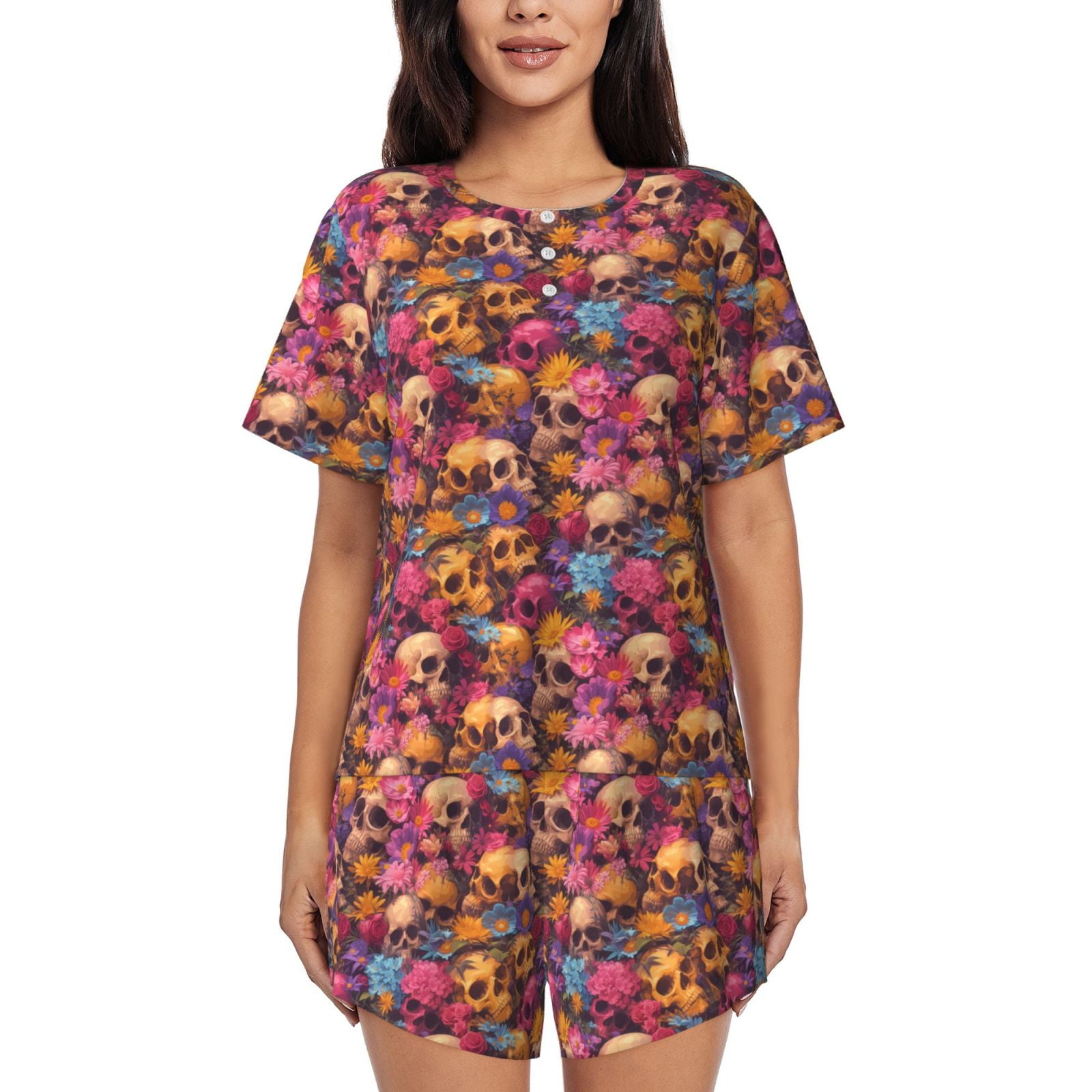 Haiem Skull blue daisy flower Pattern Pajama Set for Women 2 Piece ...