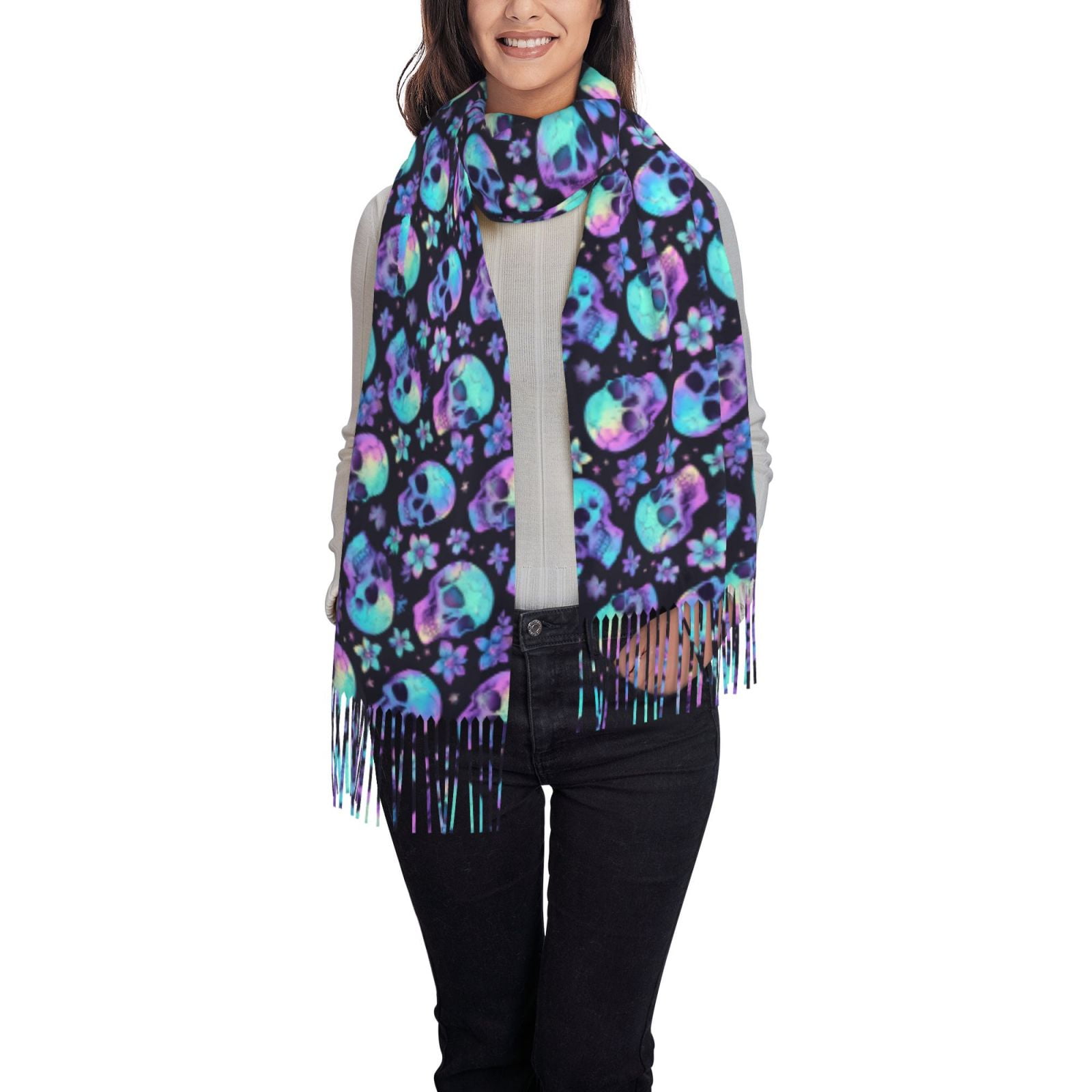 Haiem Skull flower tie dye Pattern Women's Long Blanket Scarf Chunky ...