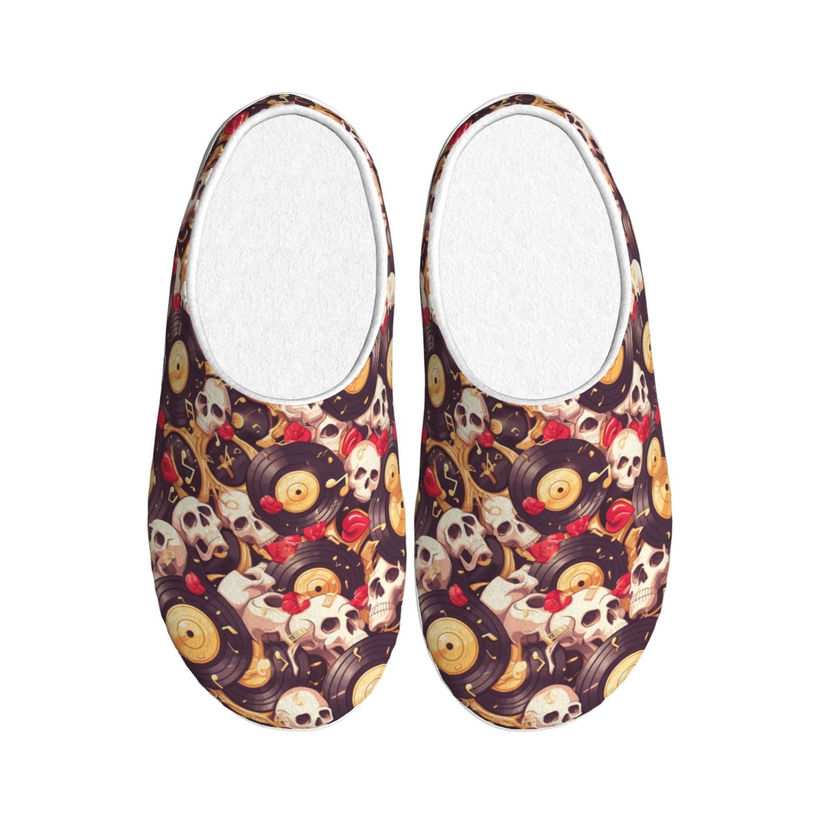 Haiem Skull record lips Print Women's Fuzzy Memory Foam House Slipper ...