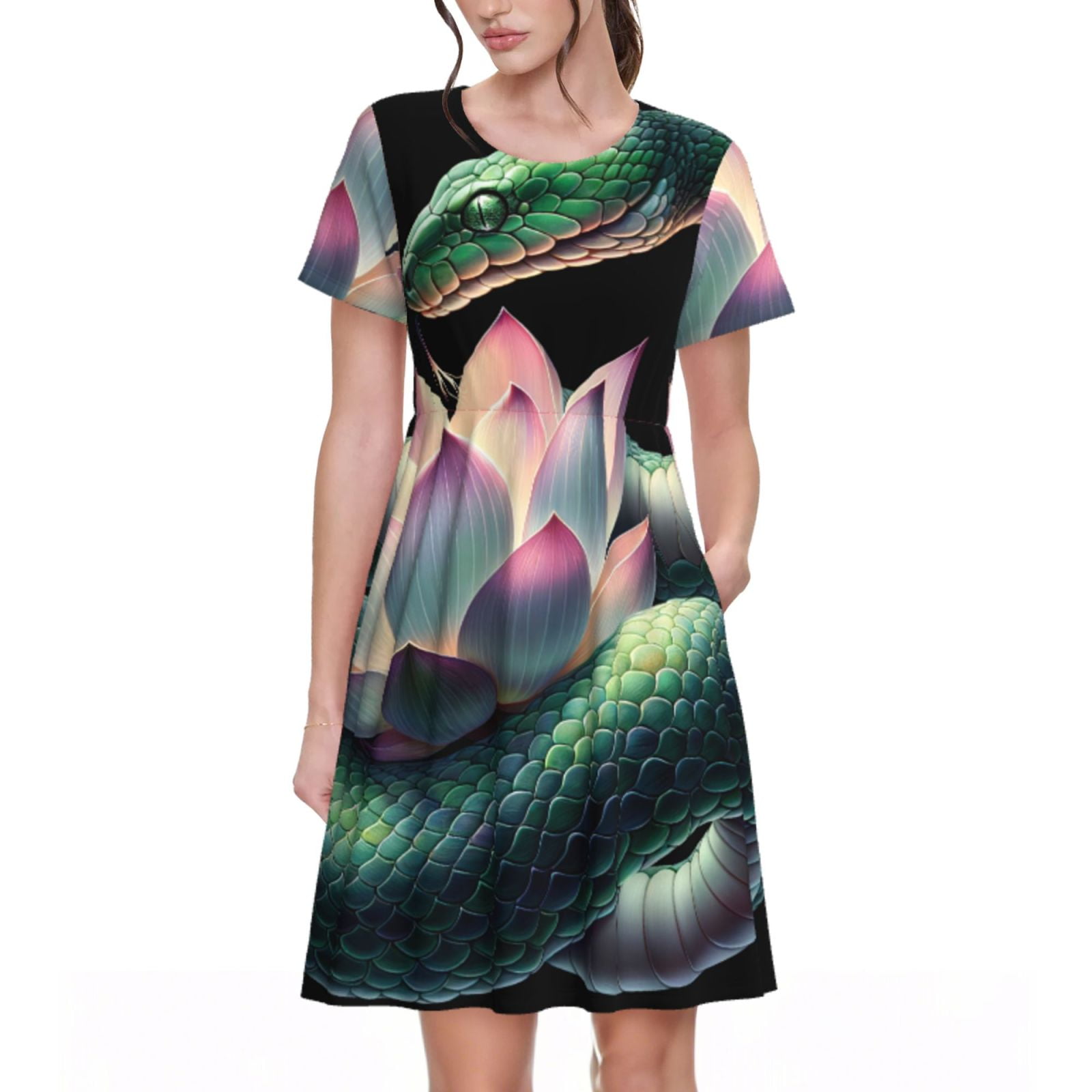Haiem Snake Holding A Lotus Pattern Women's Short-Sleeve Scoop Neck ...