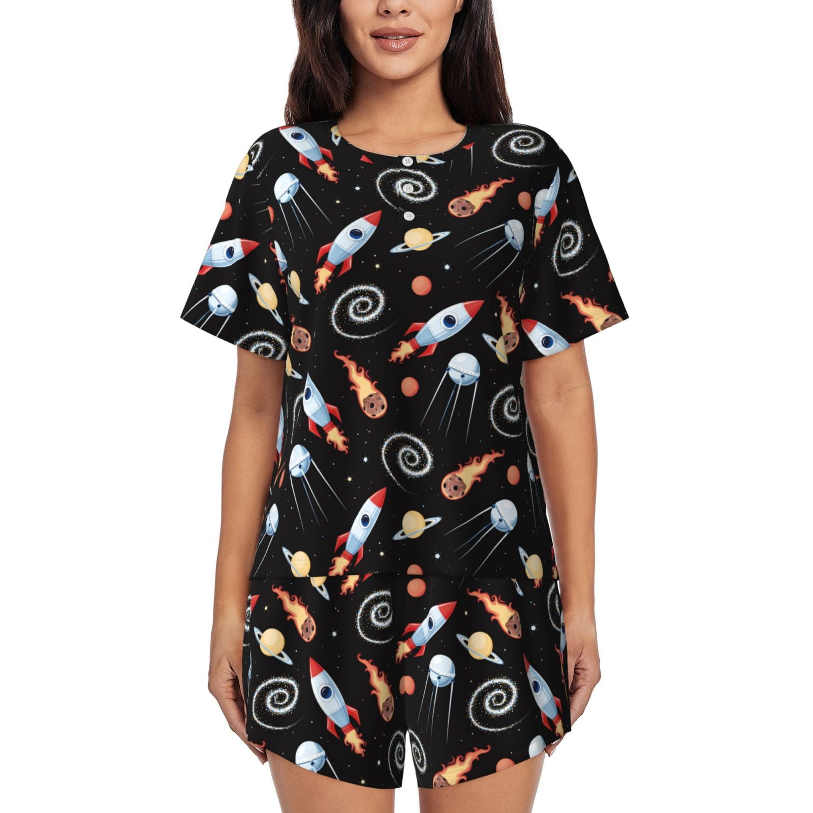 Haiem Space Rocket Pattern Pajama Set for Women 2 Piece Lounge Set ...