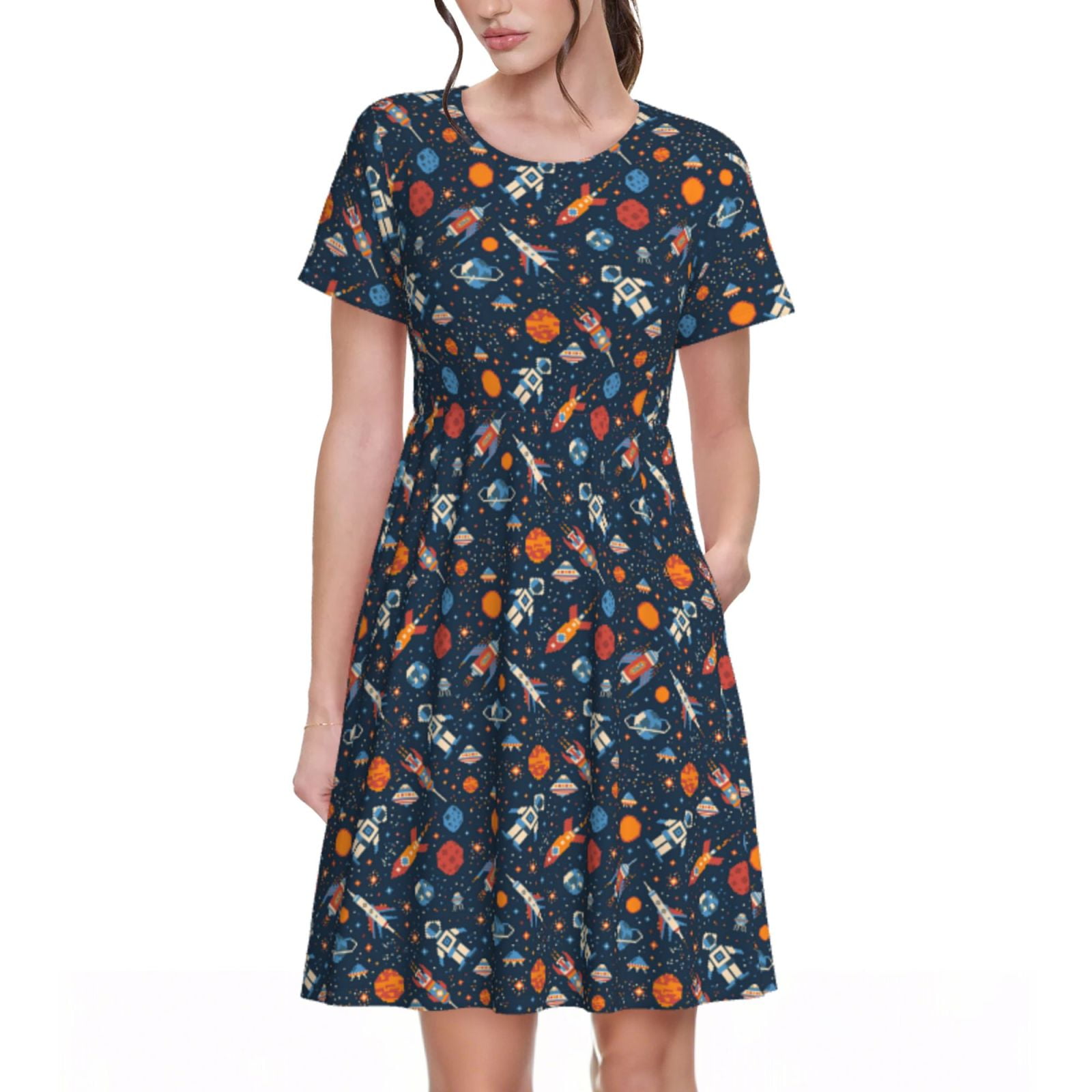 Haiem Spaceships And Stars In Outer Space Pattern Women's Short-Sleeve ...