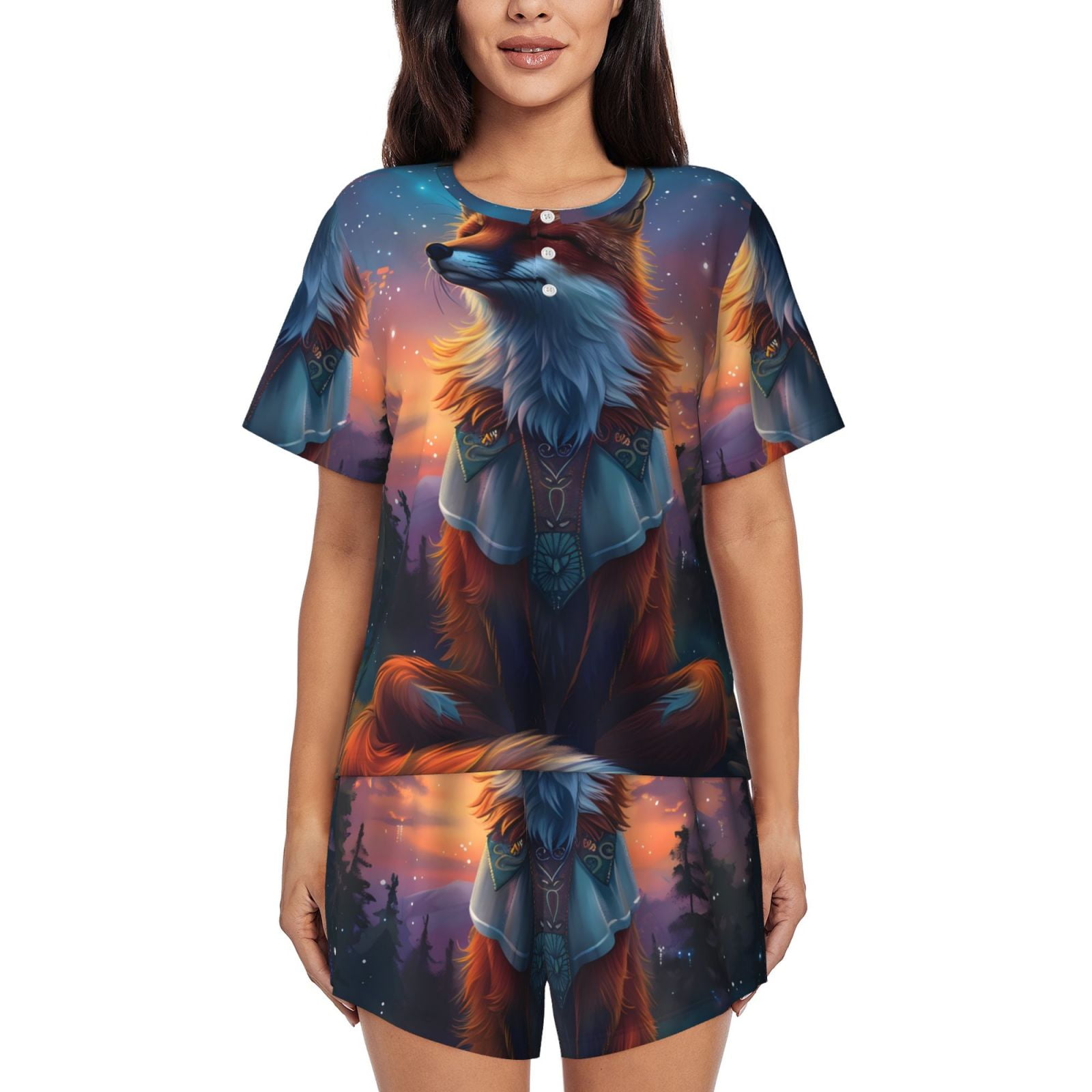Haiem Starry Sky Meditating Fox Pattern Pajama Set for Women 2 Piece ...