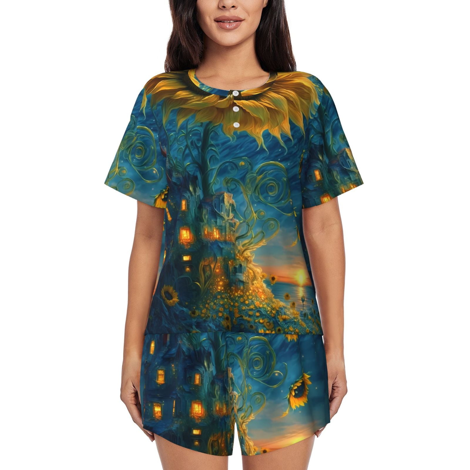 Haiem Sunflower Castle Starry Sky Pattern Pajama Set for Women 2 Piece ...