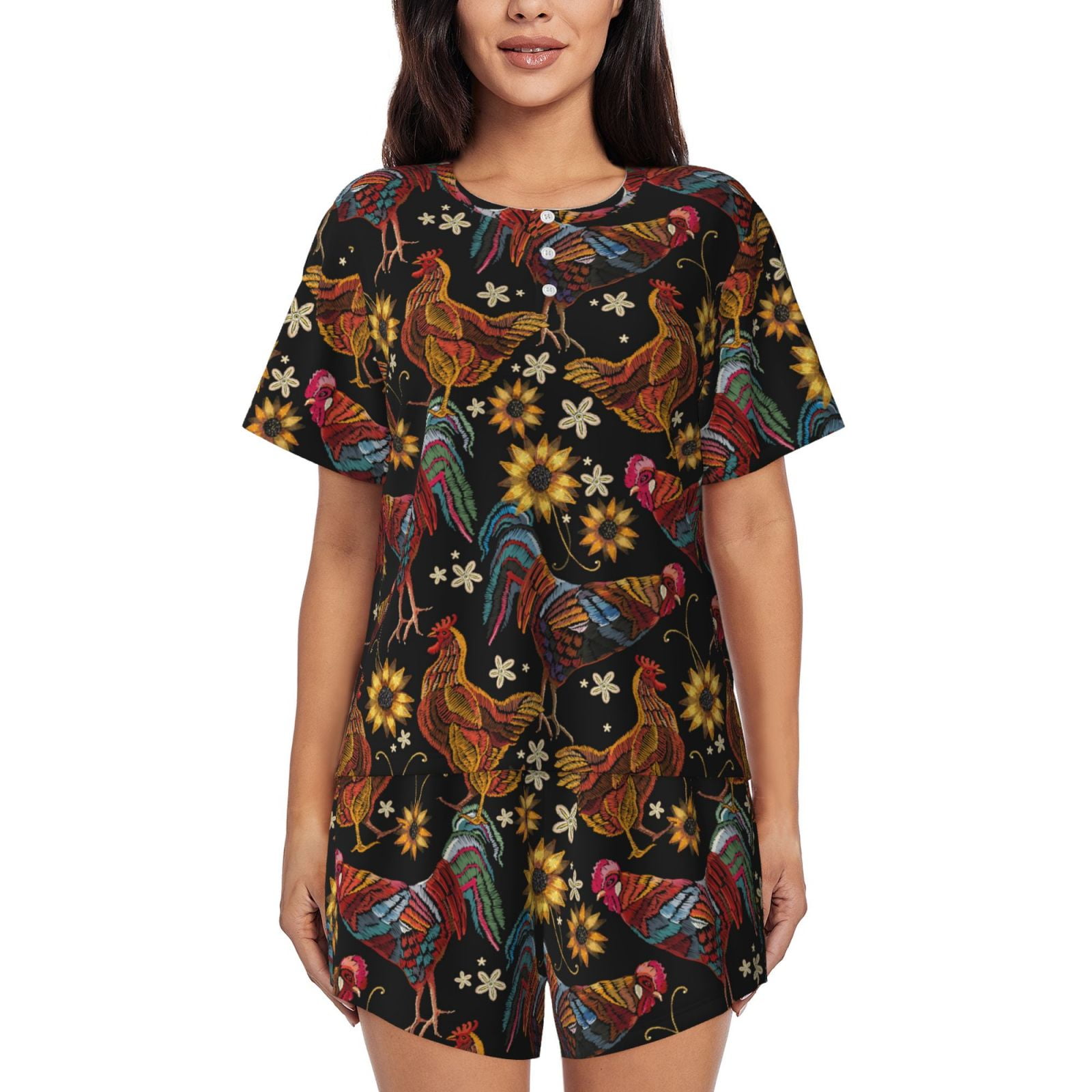 Haiem Sunflower Rooster Pattern Pajama Set for Women 2 Piece Lounge Set ...