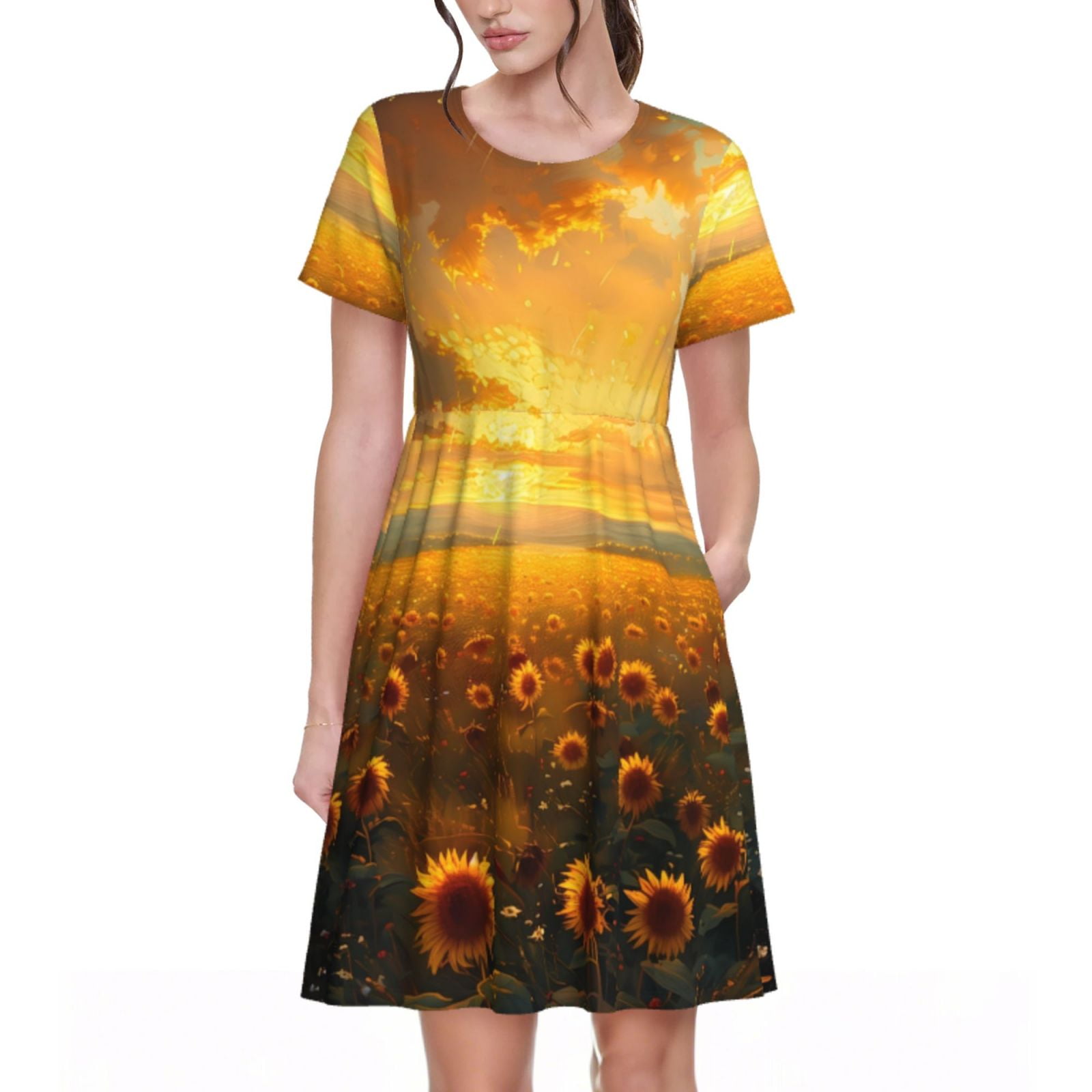 Haiem Sunflower Sunset Rainfall Pattern Women's Short-Sleeve Scoop Neck ...