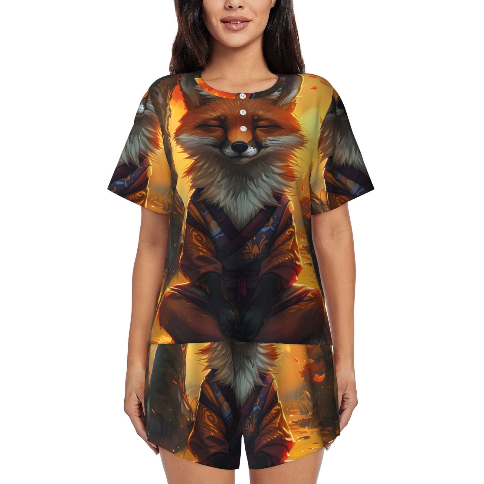 Haiem Sunset Maple Tree Fox Pattern Pajama Set for Women 2 Piece Lounge ...