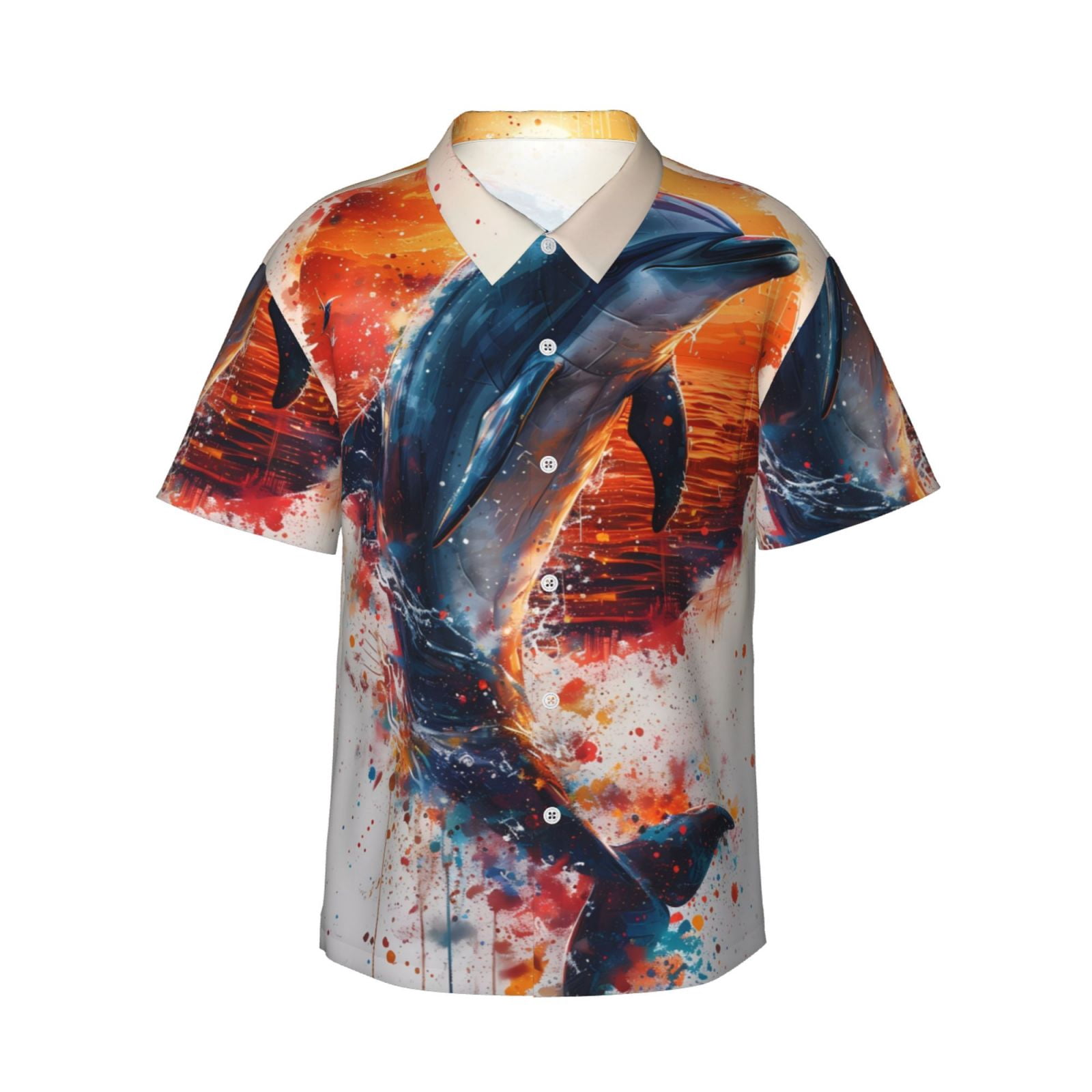 Haiem Sunset Ocean Watercolor Dolphin Printed Hawaiian Shirt for Men ...