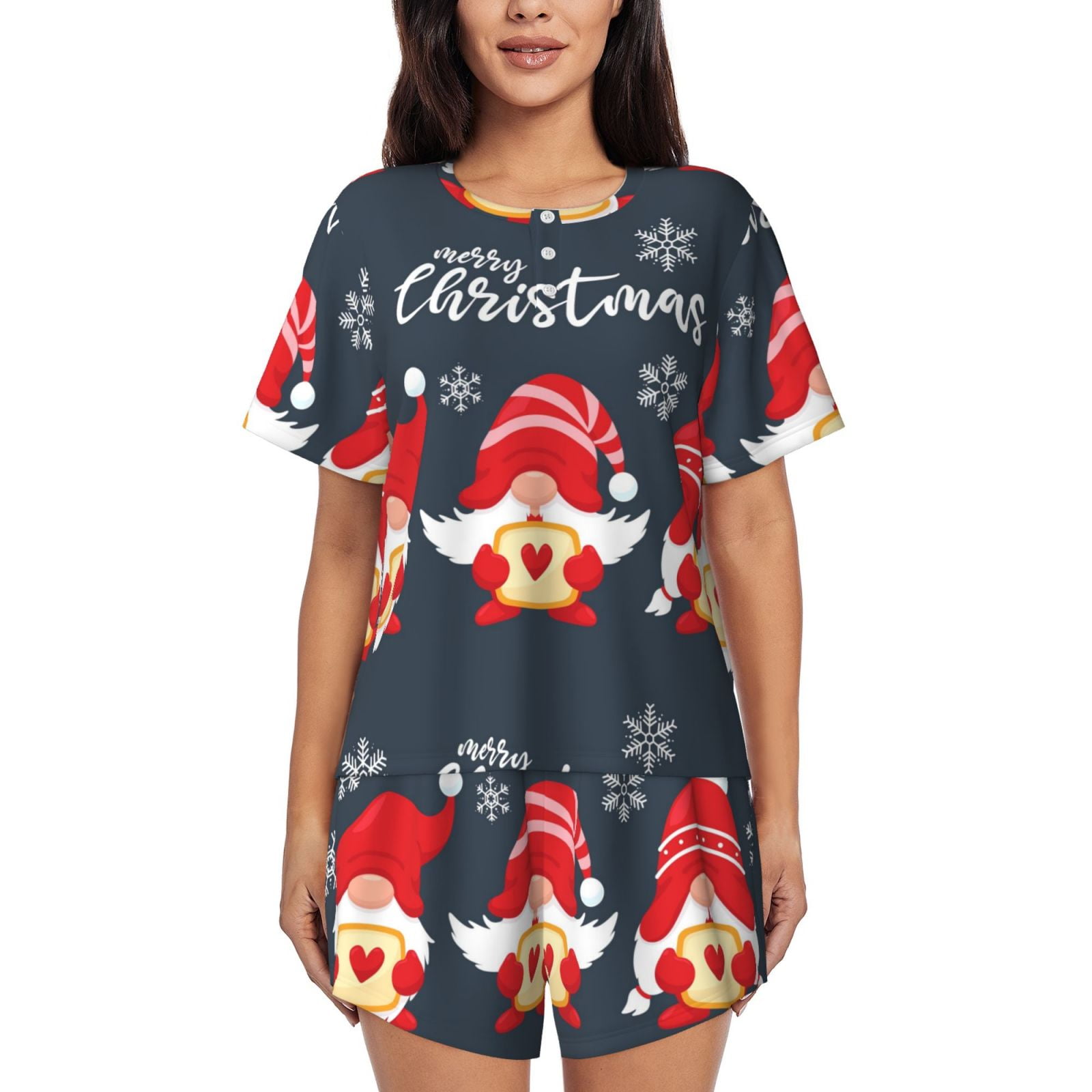 Haiem Three Cute Christmas Gnomes Pattern Pajama Set for Women 2 Piece ...