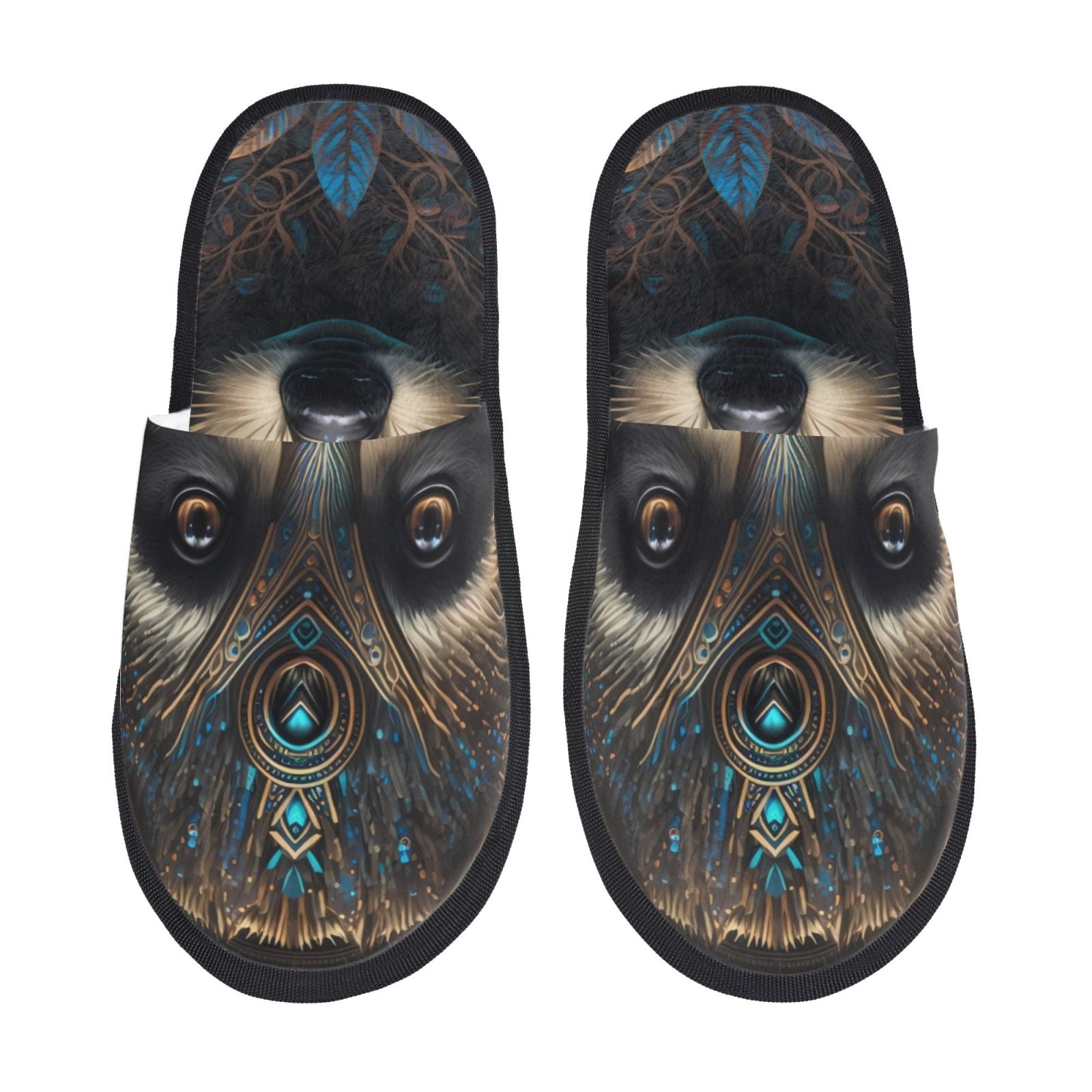 Haiem Tribal Style Raccoon Print Fuzzy Slippers for Women Plush ...